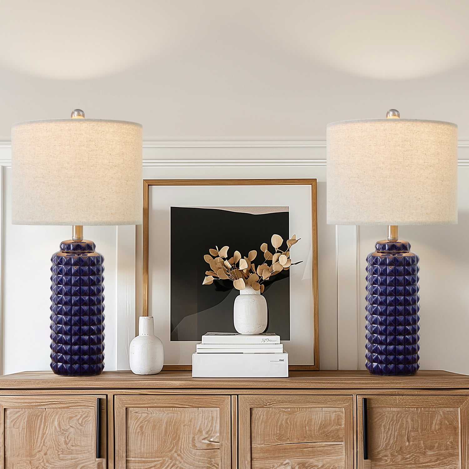 "Oneach Dark Blue Ceramic Table Lamp Set of 2 - 24.5"" Bedside Lamps ...