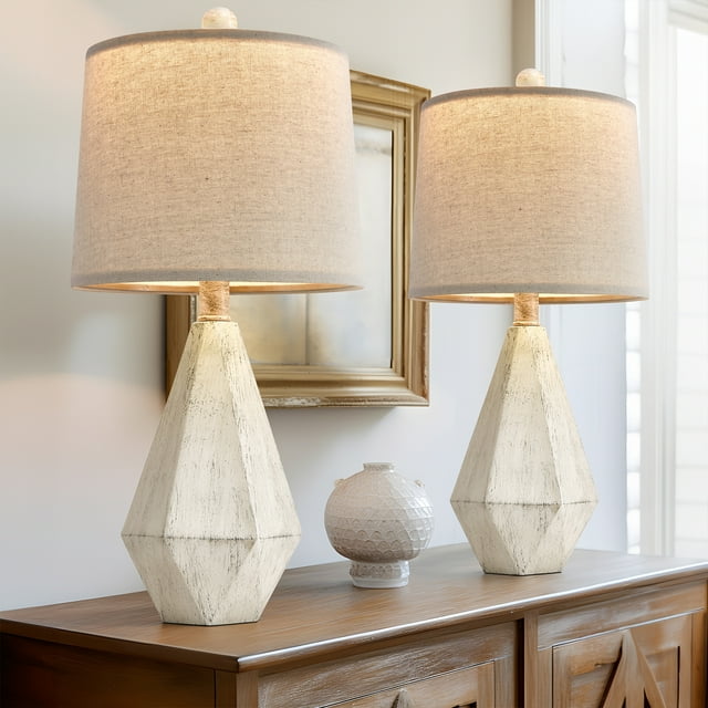 Oneach Farmhouse Rustic Antique White Table Lamps, Set of 2, Linen ...