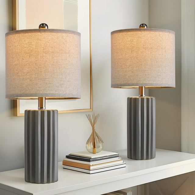"Oneach Farmhouse Pair of Ceramic Table Lamps - Modern 21"" Gray ...