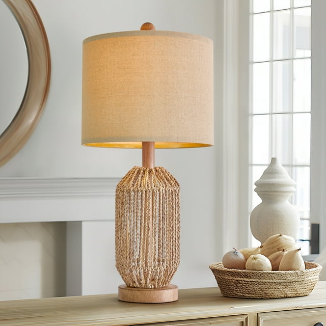 Oneach Farmhouse Rattan Table Lamp for Living Room Bedroom 21.5" Retro ...