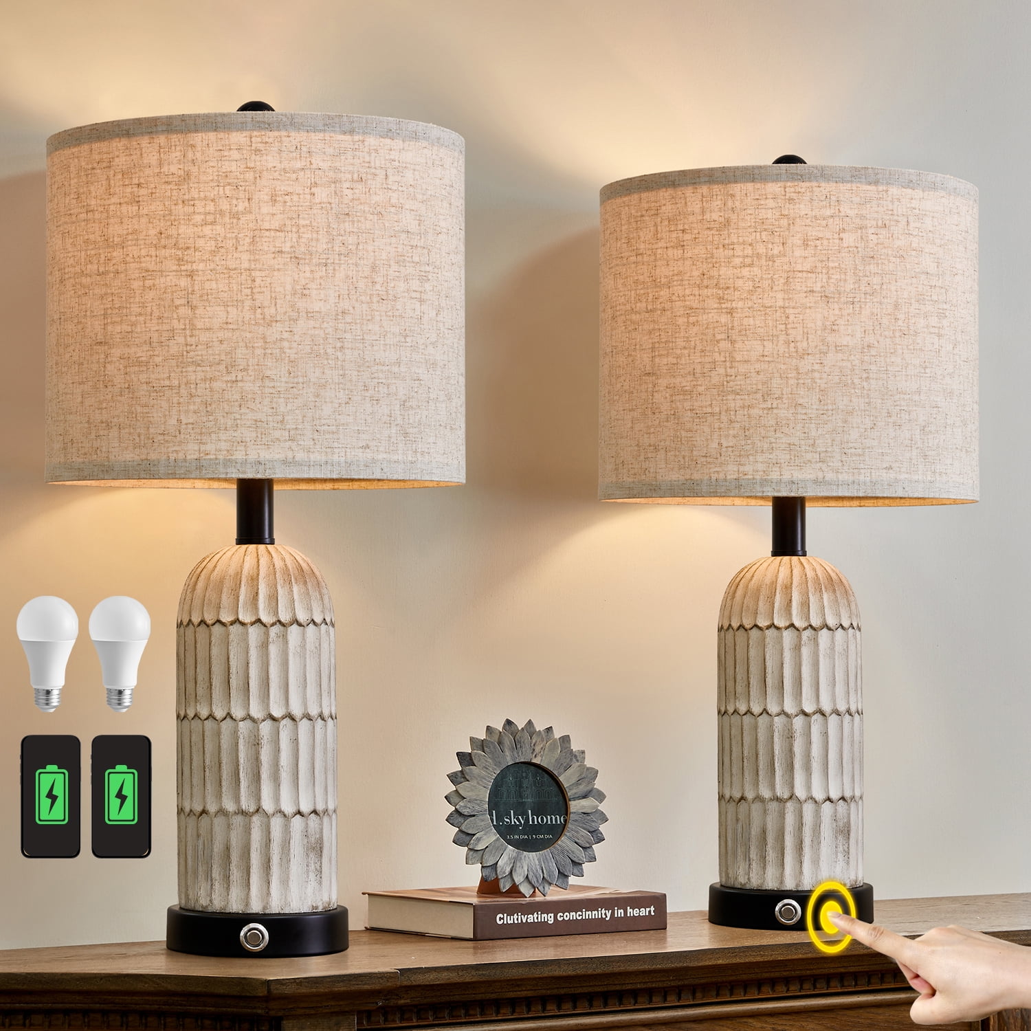 Oneach Farmhouse Resin Table Lamp Set of 2, 22.5" 3 Way Dimmable with ...