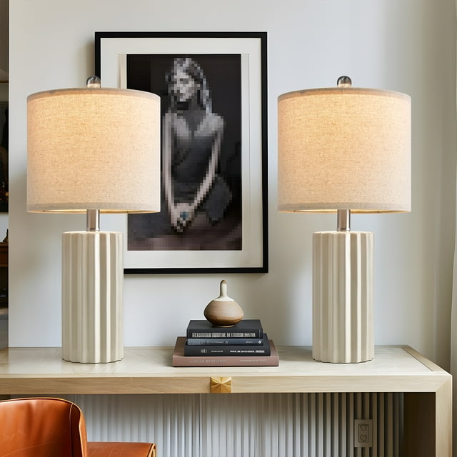 Oneach Modern Beige Ceramic Table Lamp Set of 2 for Living Room Bedroom ...