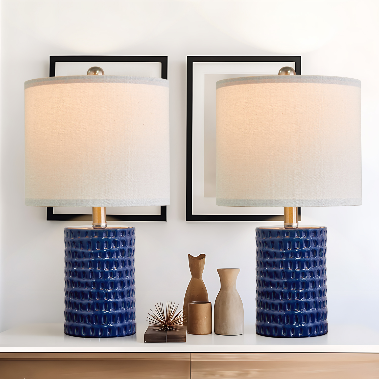 "Oneach Ceramic Blue Table Lamp Set, 2 Nightstand Lamps, 18.25"" Design ...