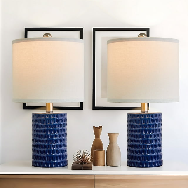 "Oneach Ceramic Blue Table Lamp Set, 2 Nightstand Lamps, 18.25"" Design ...