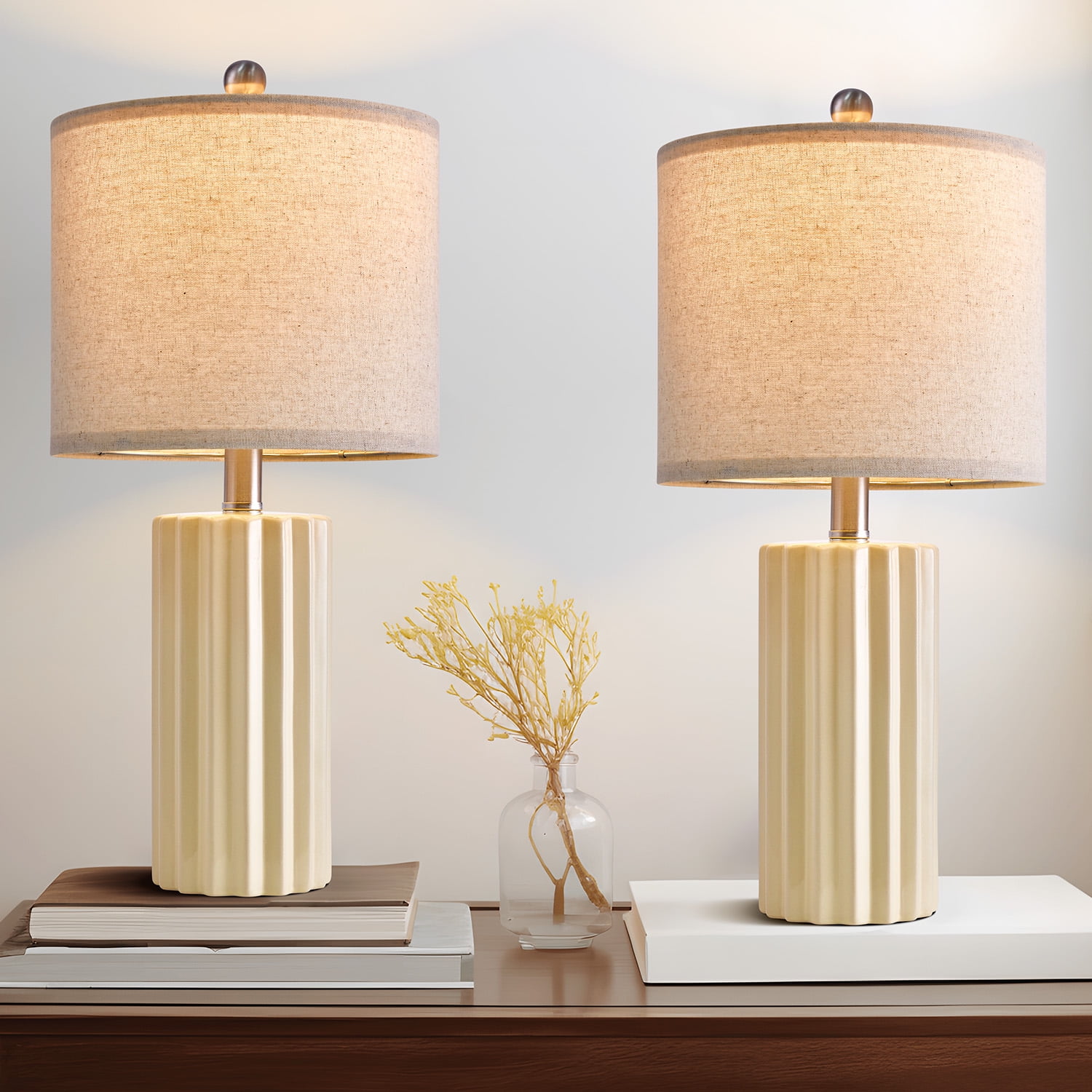 Oneach Modern Beige Ceramic Table Lamp Set of 2 for Living Room Bedroom ...