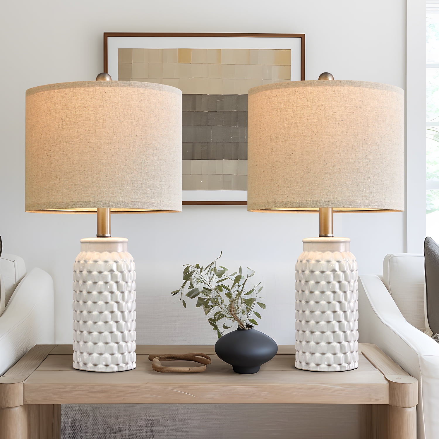 "Oneach Modern Nightstand Table Lamps Set of 2, White Ceramic Body with ...