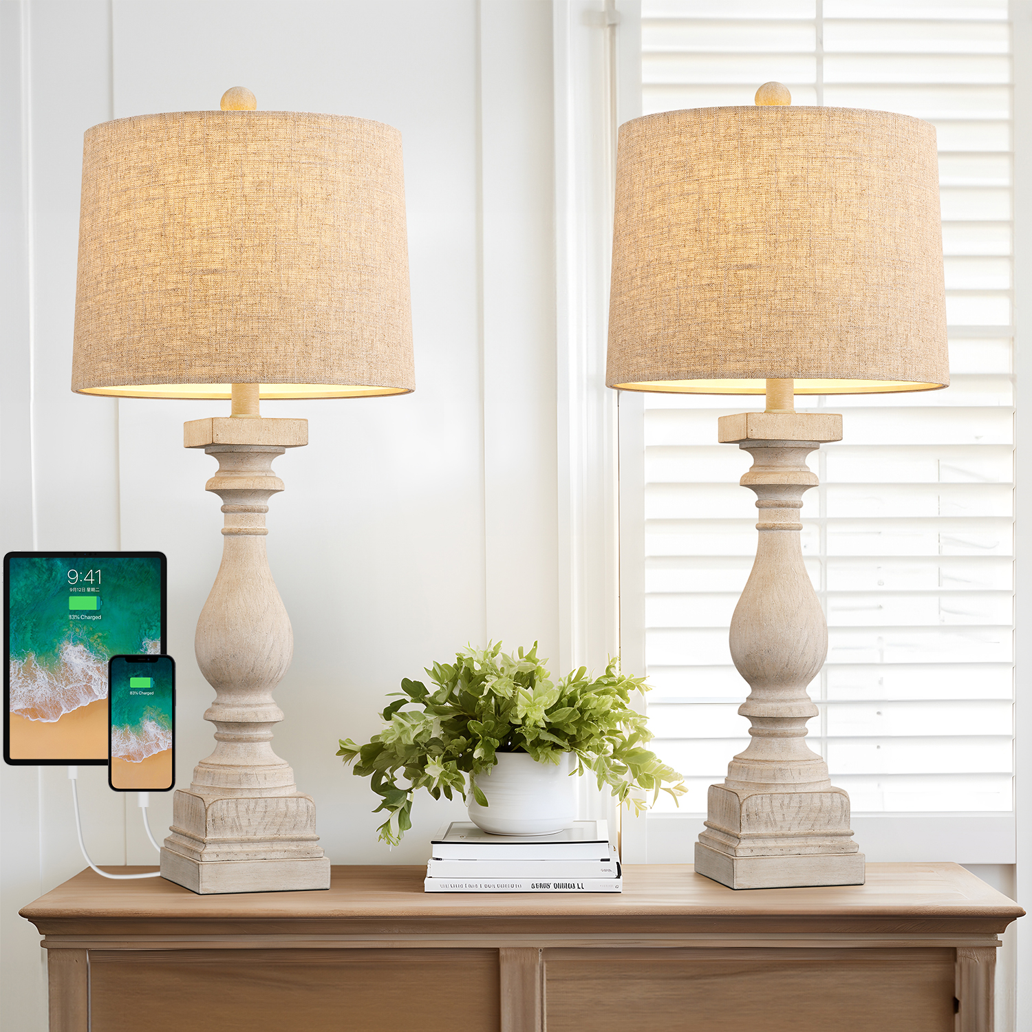 Oneach 20" Rustic Resin Table Lamps Set of 2 for Bedroom, Living Room ...