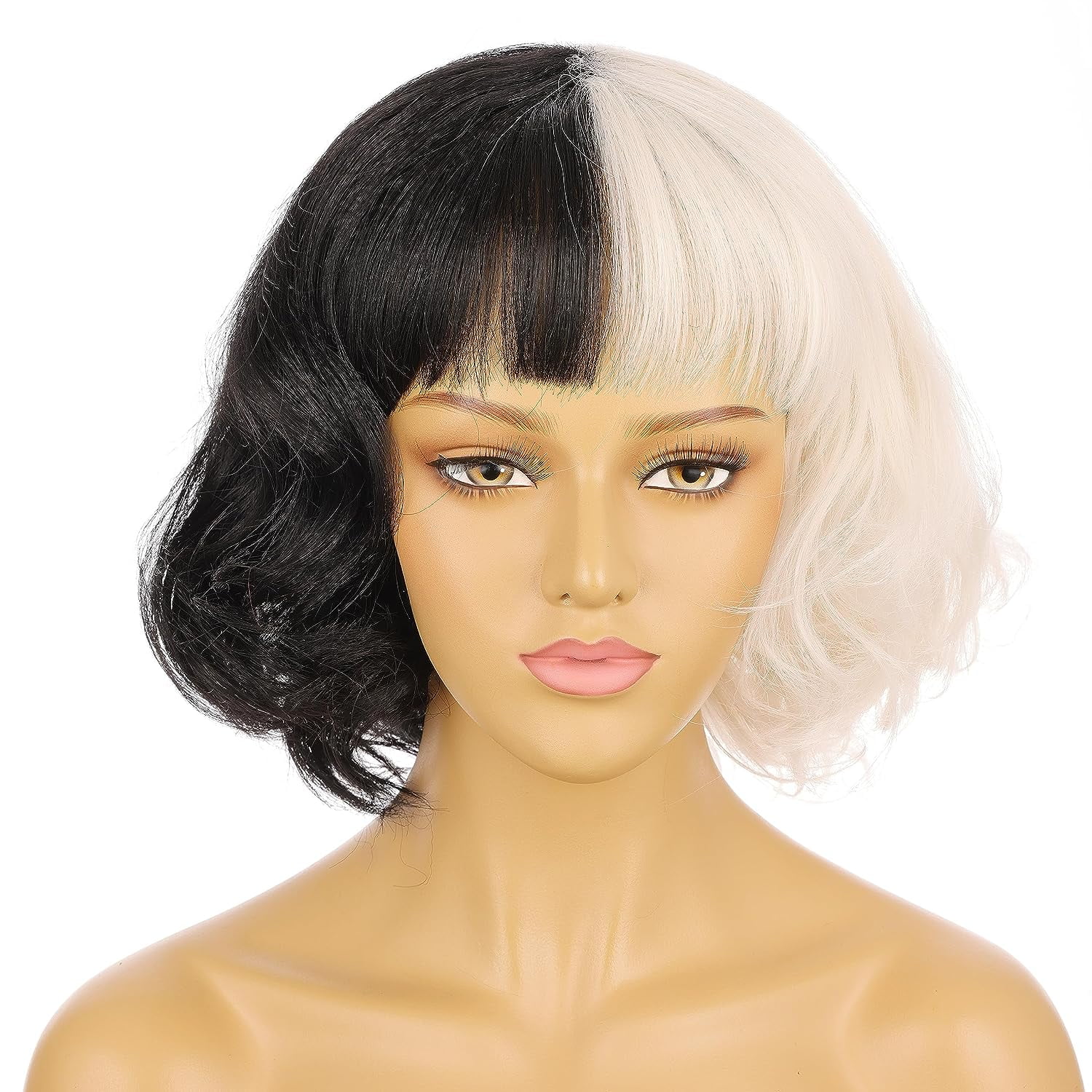 Onedor Women's Short Curly Black & White Synthetic Wavy Hair Cruella ...