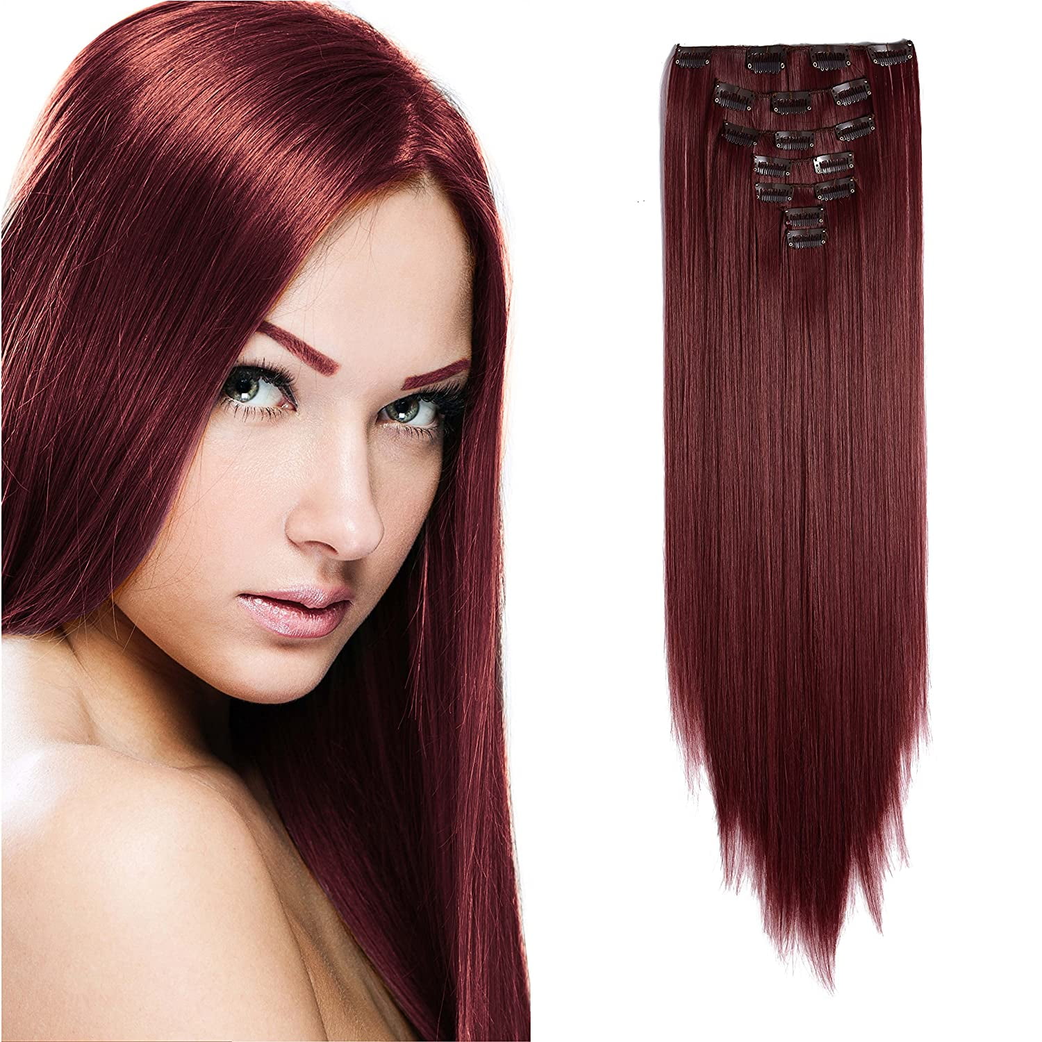 Onedor 24" Long Straight Synthetic Clip in Hair Extensions, 7pcs 140g ...
