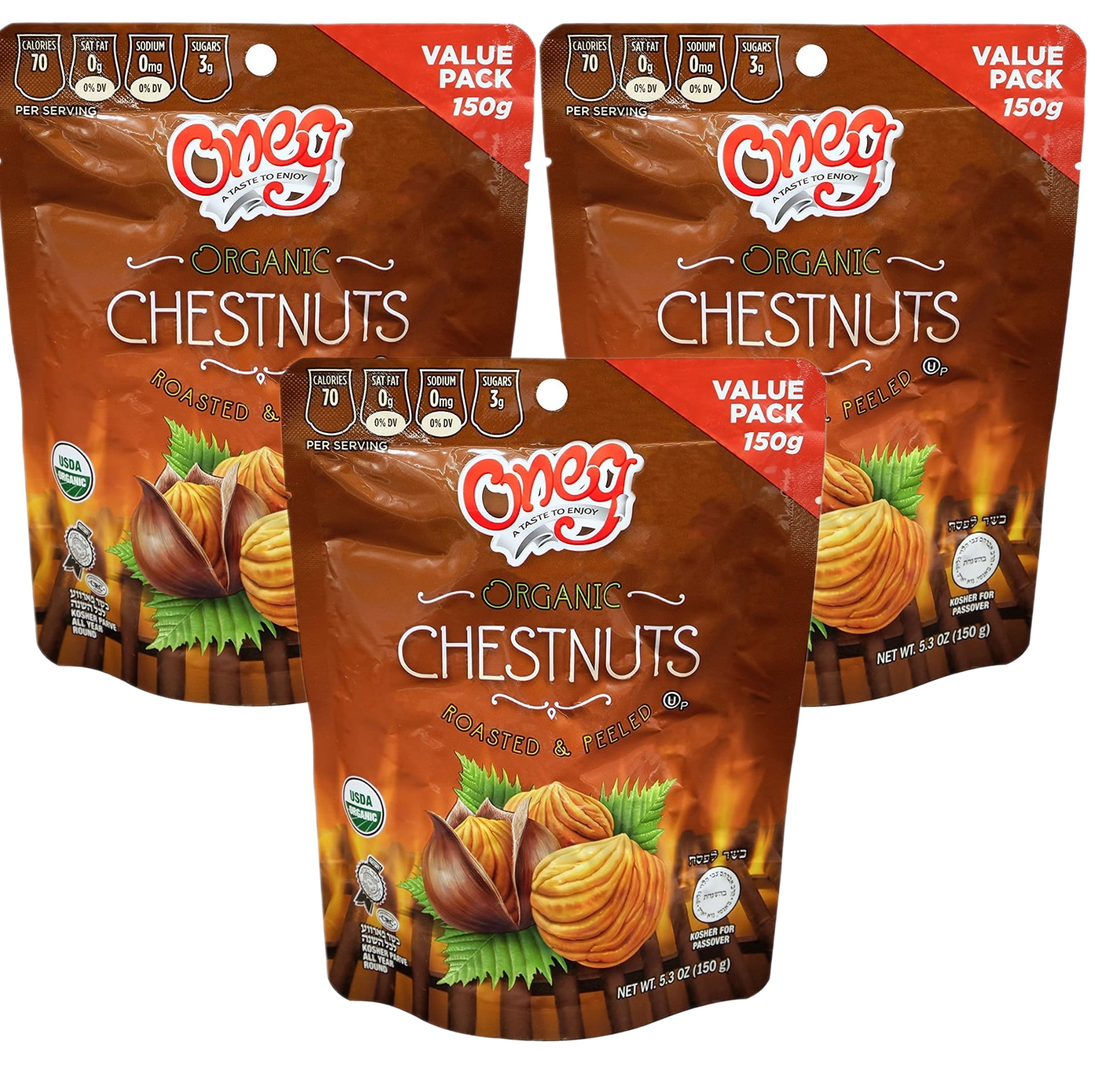 Oneg Organic Whole Roasted and Peeled Chestnuts, 5.3 oz Pack of 3 ...