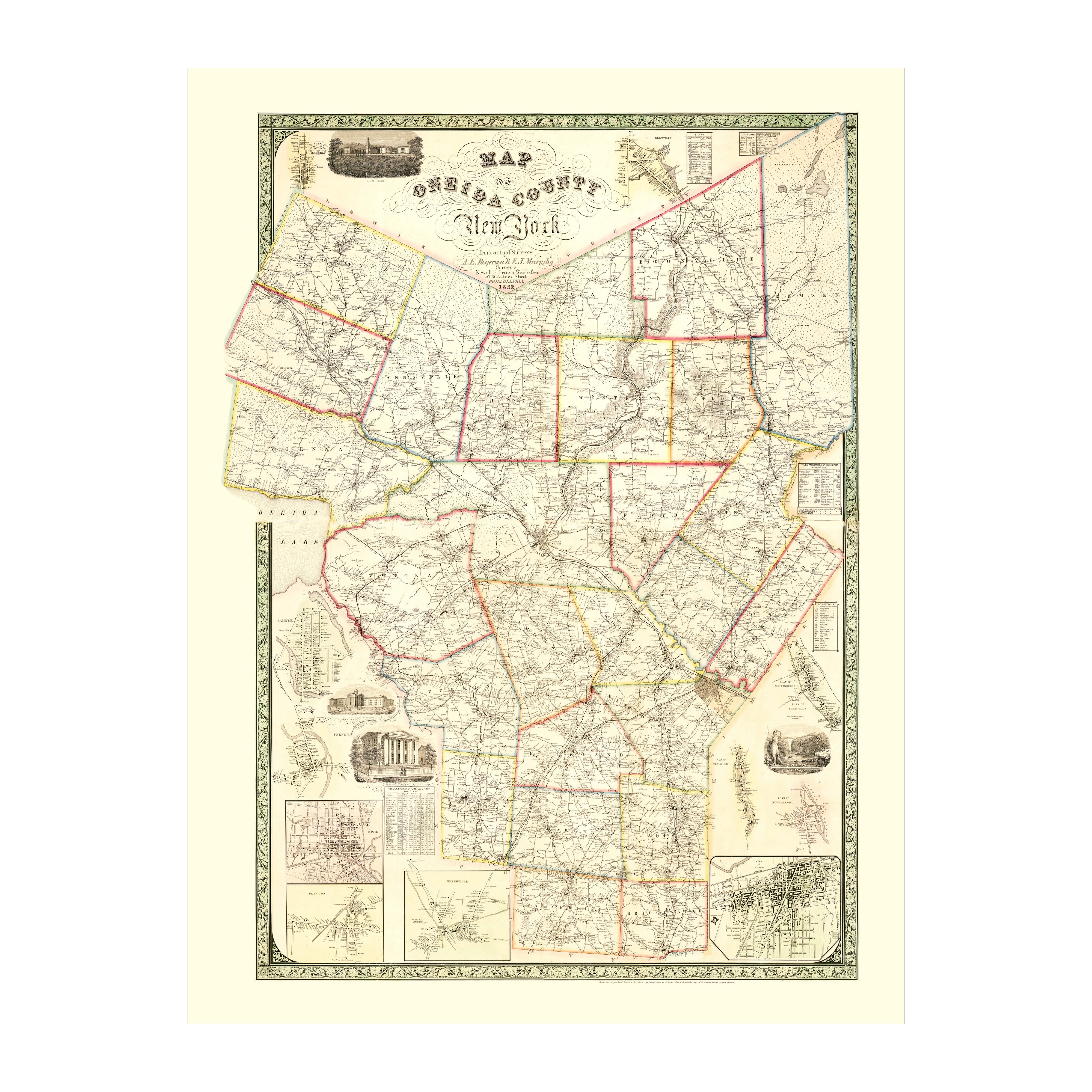 Oneida County New York Art, 1852 Vintage Map of Oneida County NY ...