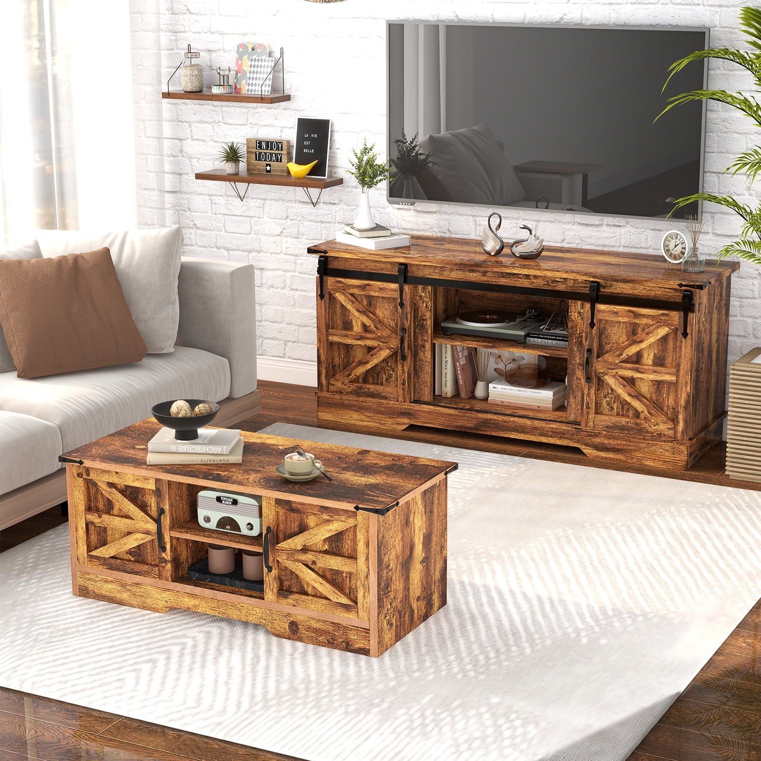 Oneinmil 2-Piece Modern Farmhouse Furniture Set, Rustic Brown TV Stand for TVs up to 65-Inch ...