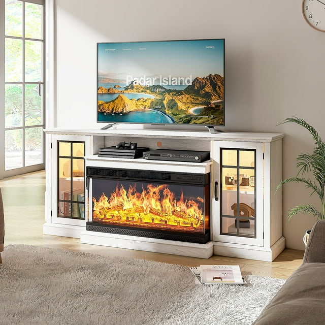"Oneinmil 36"" White TV Stand with LED Lights & Fireplace, Suitable for ...