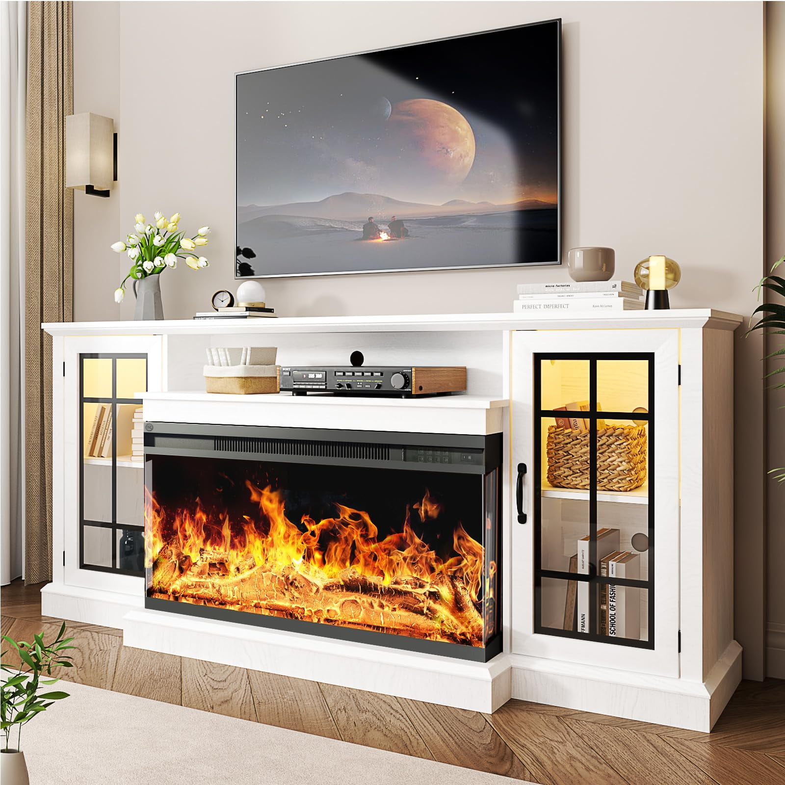 "Oneinmil 36"" White TV Stand with LED Lights & Fireplace, Suitable for ...