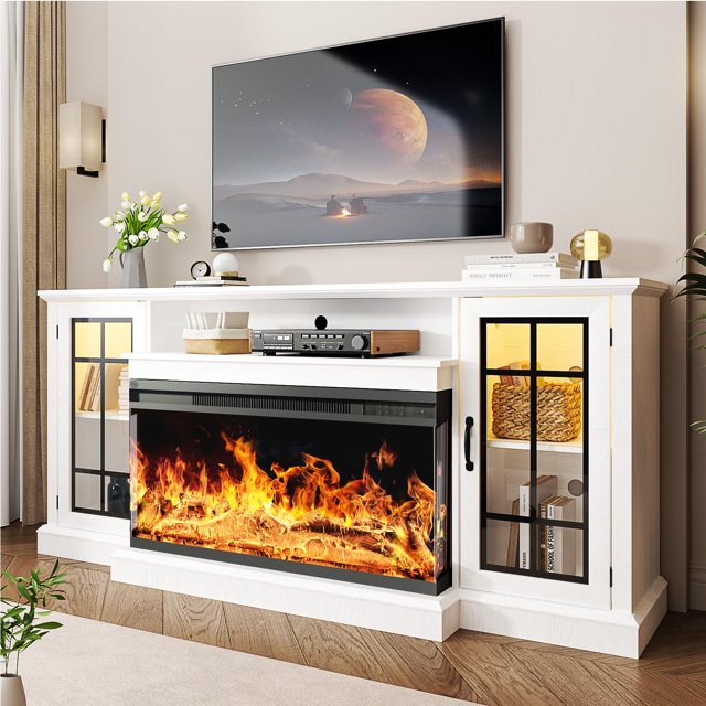 "Oneinmil 36"" White TV Stand with LED Lights & Fireplace, Suitable for ...