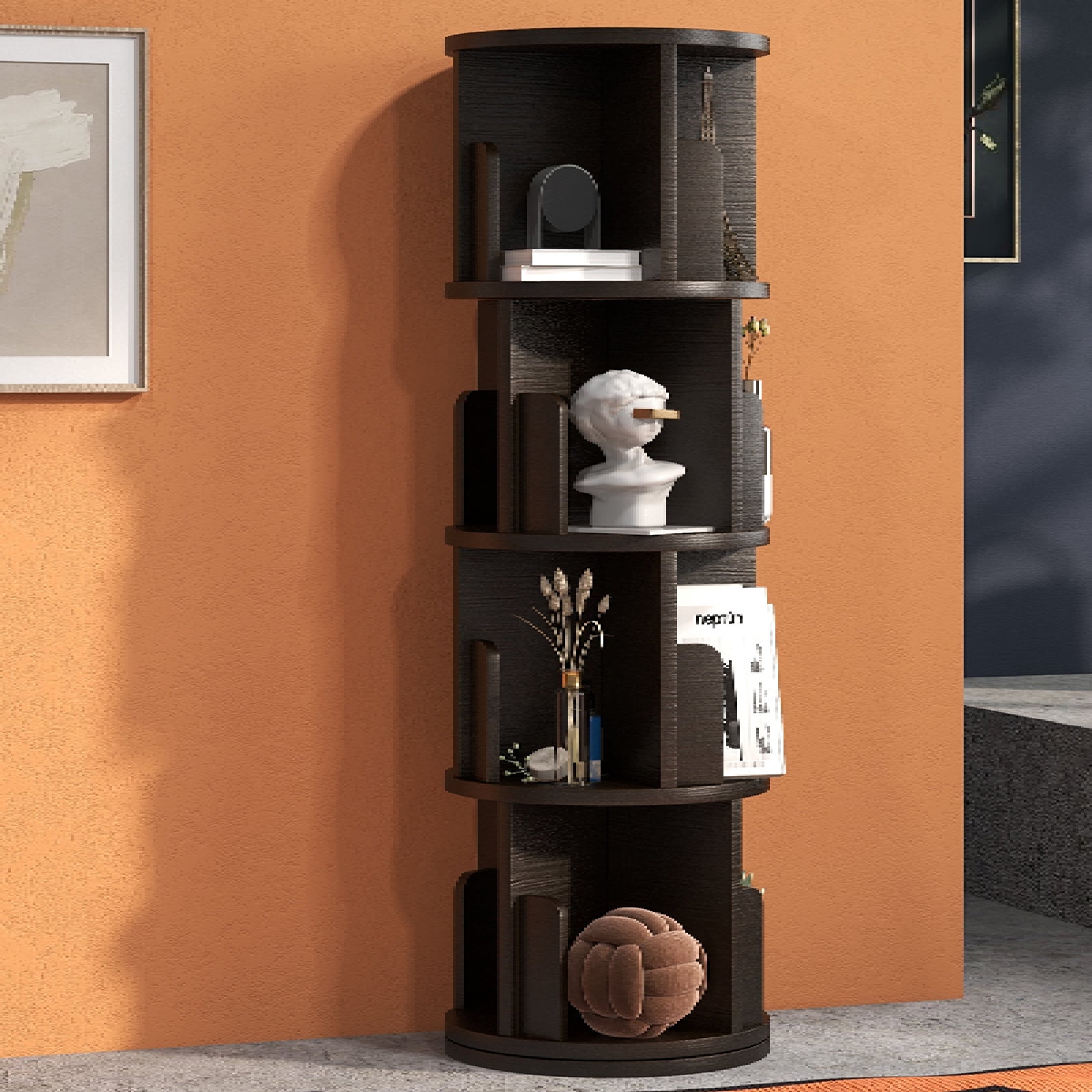 Oneinmil 4 Tier Rotating Bookshelf, 360° Rotating Wood Floor Standing ...