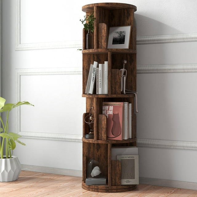 Oneinmil 4 Tier Rotating Bookshelf, 360° Wood Floor Standing Bookcase ...