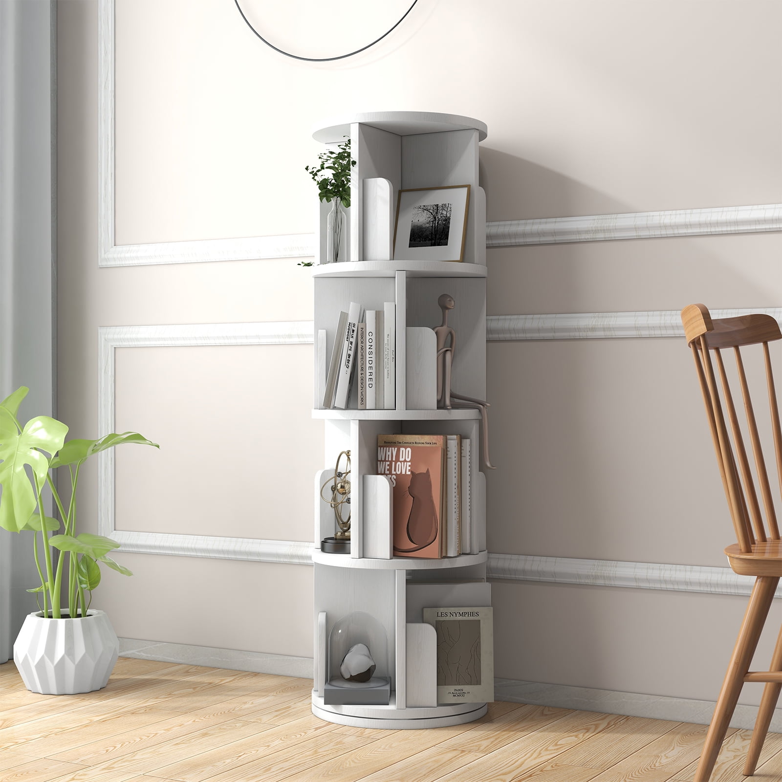 Oneinmil 4 Tier Revolving Metal & Wooden Bookshelf, 360° Spinning ...