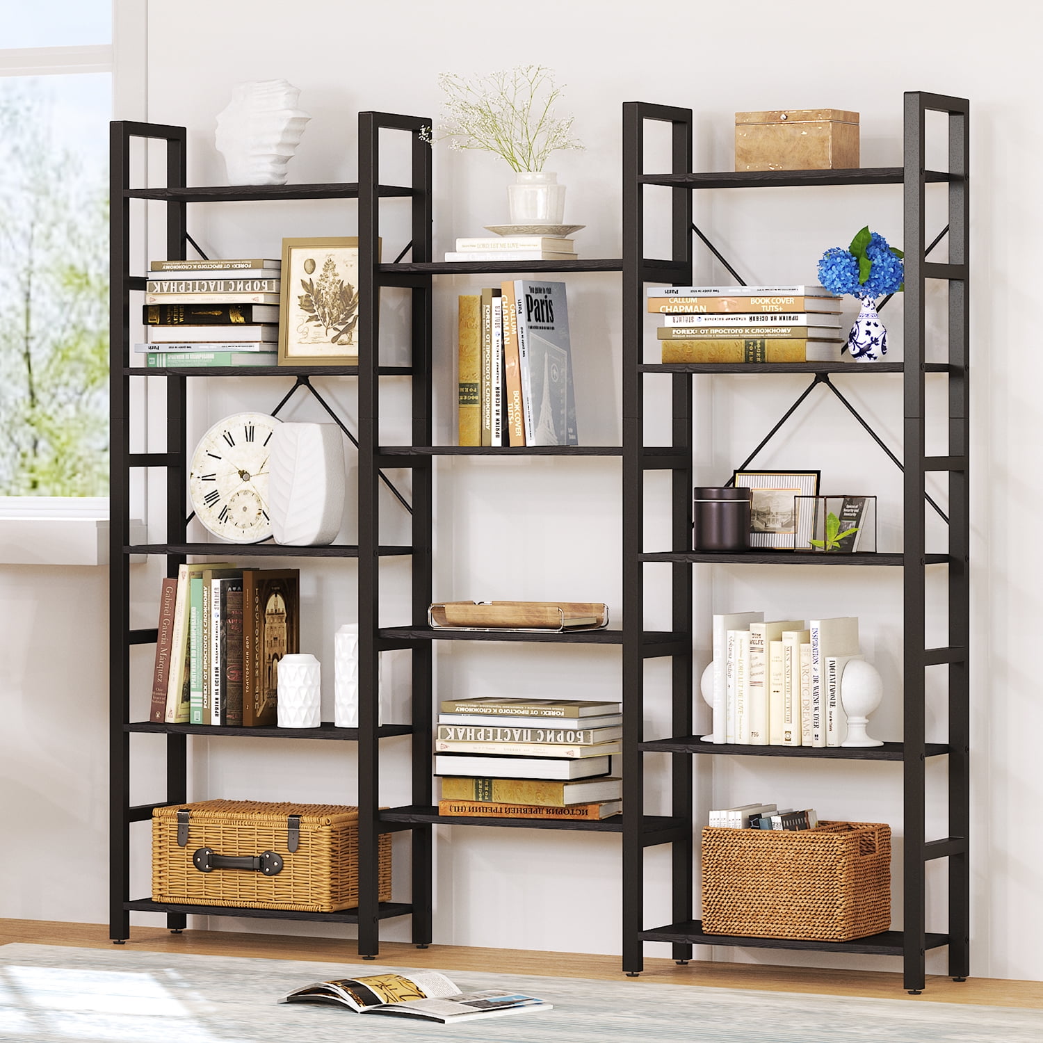 "Oneinmil 5 Tier Open Shelf Bookshelves, Triple Wide 59"" Tall Bookcase ...