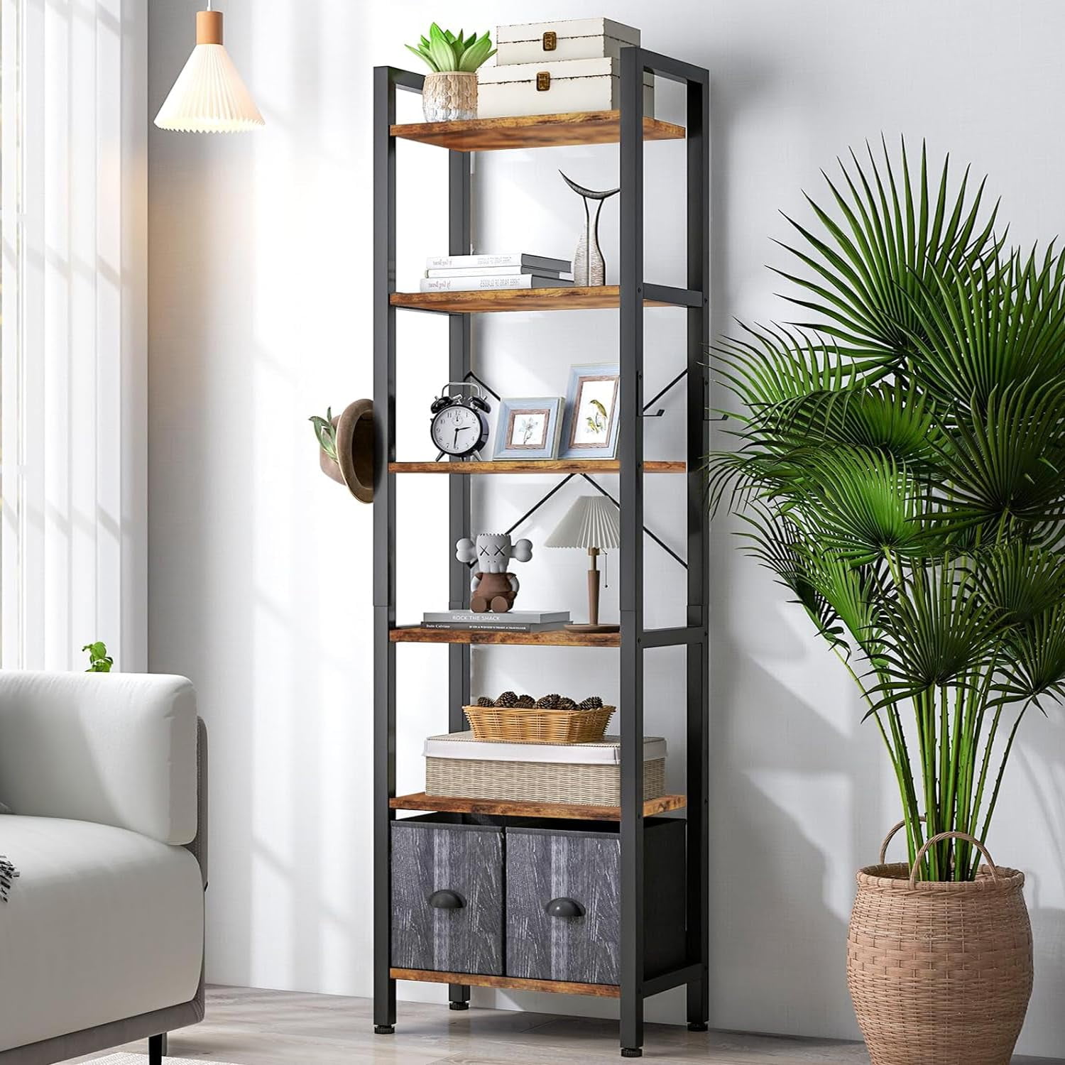 Oneinmil 6 Shelf Bookcase with 2 Drawers, 71" Rustic Black Bookshef for ...