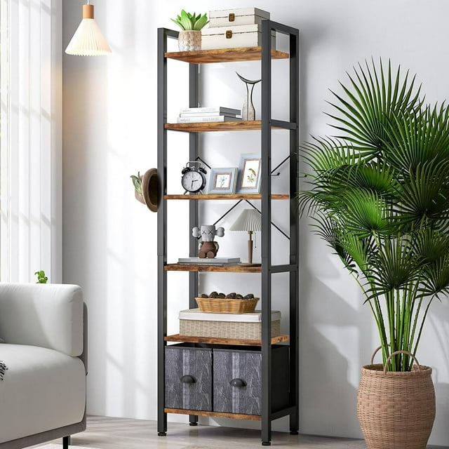 Oneinmil 6 Shelf Bookcase with 2 Drawers, 71" Rustic Black Bookshef for ...