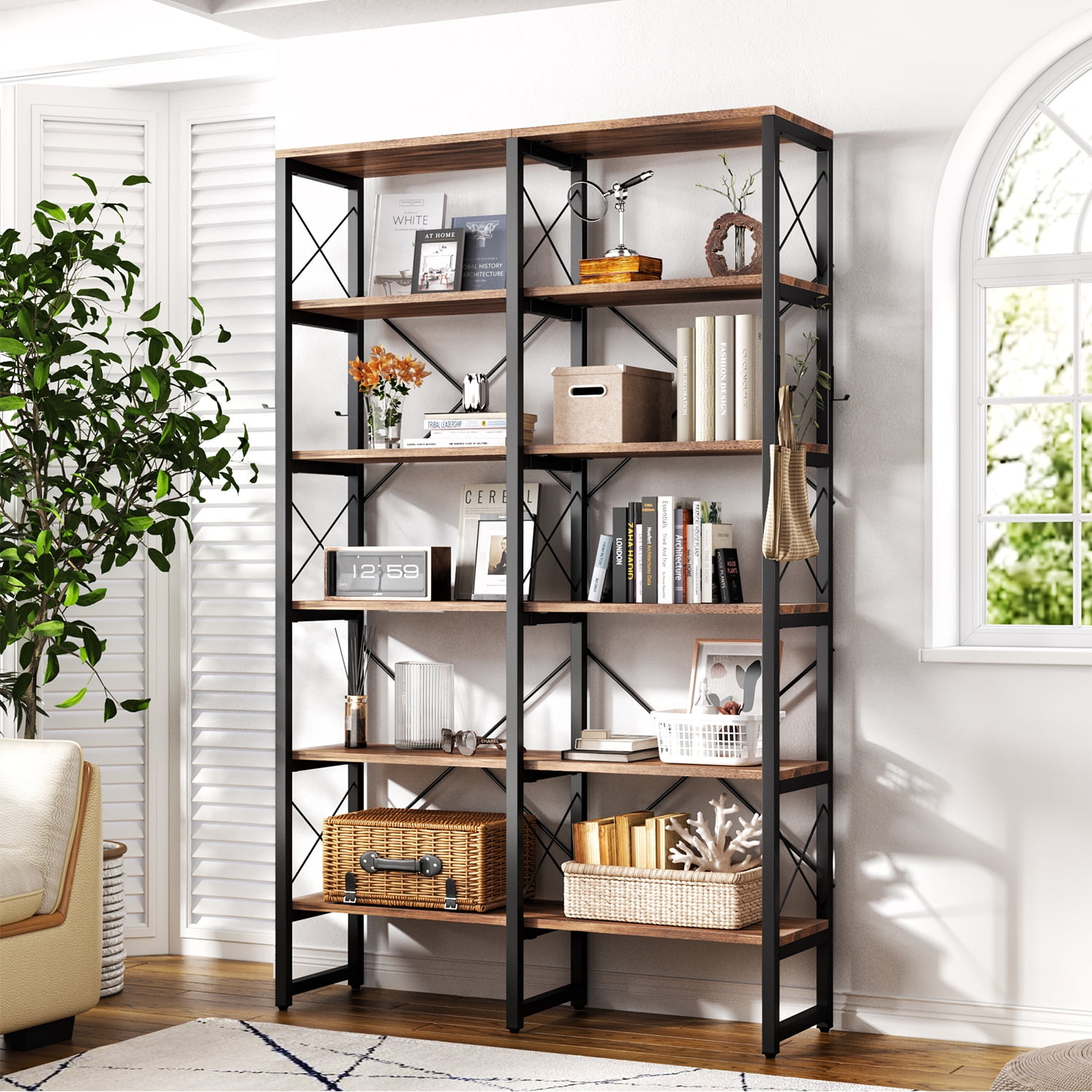 Oneinmil 6-Tier Double Wide Bookshelf, Wood with Metal Bars, Brown ...