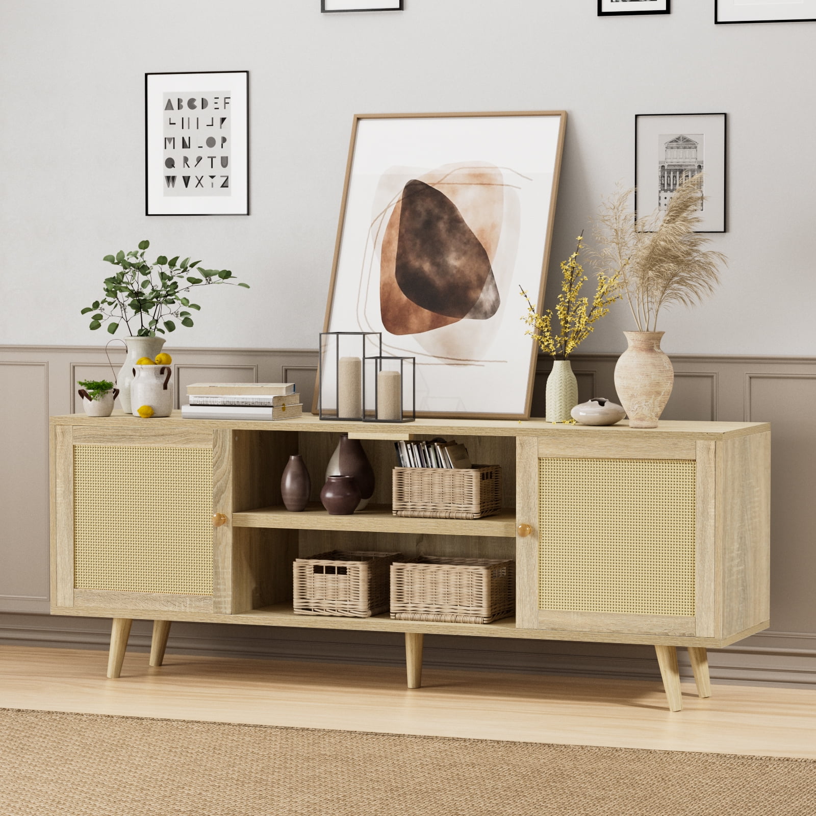 Oneinmil 67'' TV Stand, for TVs up to 75'', Rattan TV Console ...