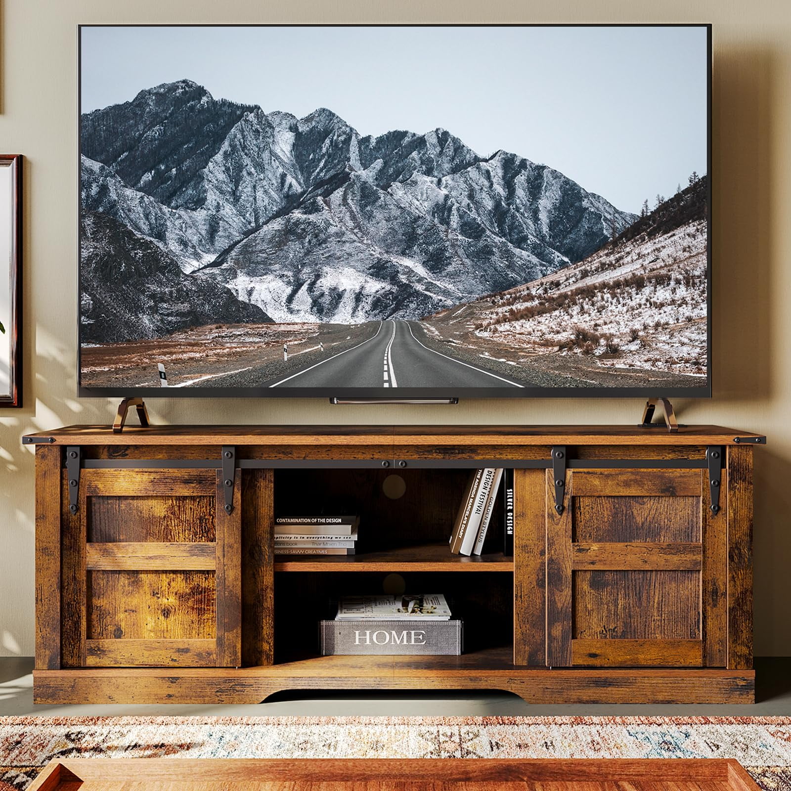 Oneinmil Rustic Entertainment Center, Brown Barn Door TV Stand for TVs ...