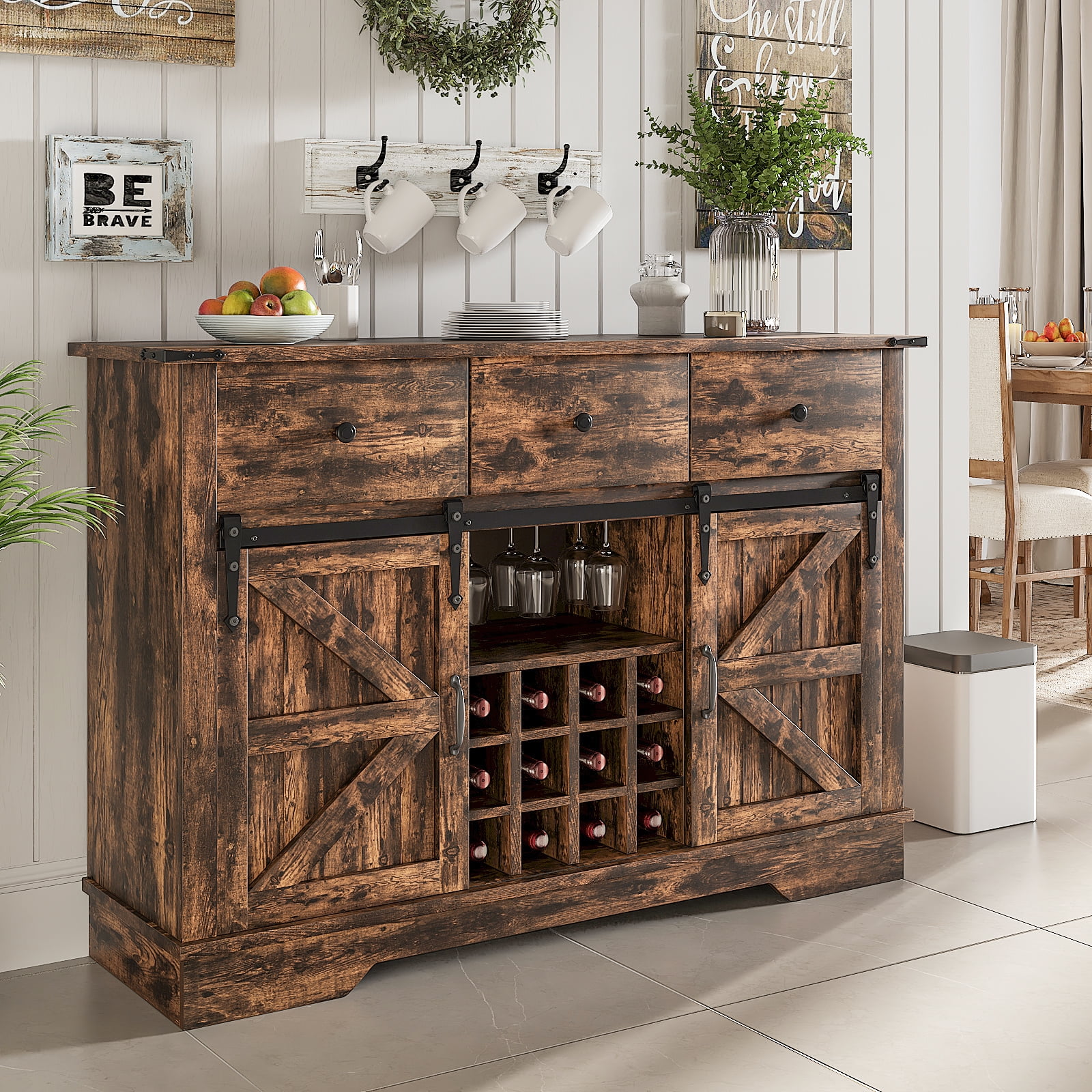 Oneinmil Rustic Home Buffet Sideboard Cabinet with Wine Rack & Drawers ...