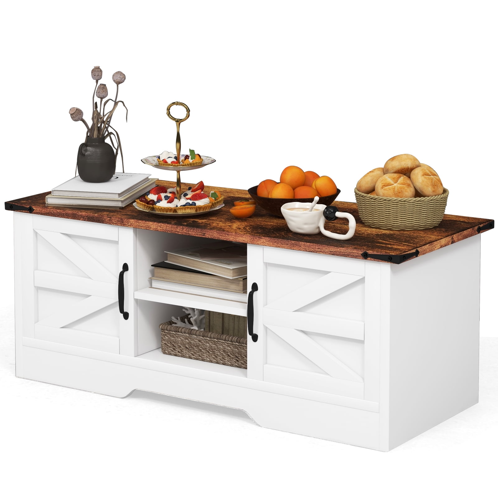 Oneinmil Farmhouse Coffee Table, Industrial Center Table with Storage ...