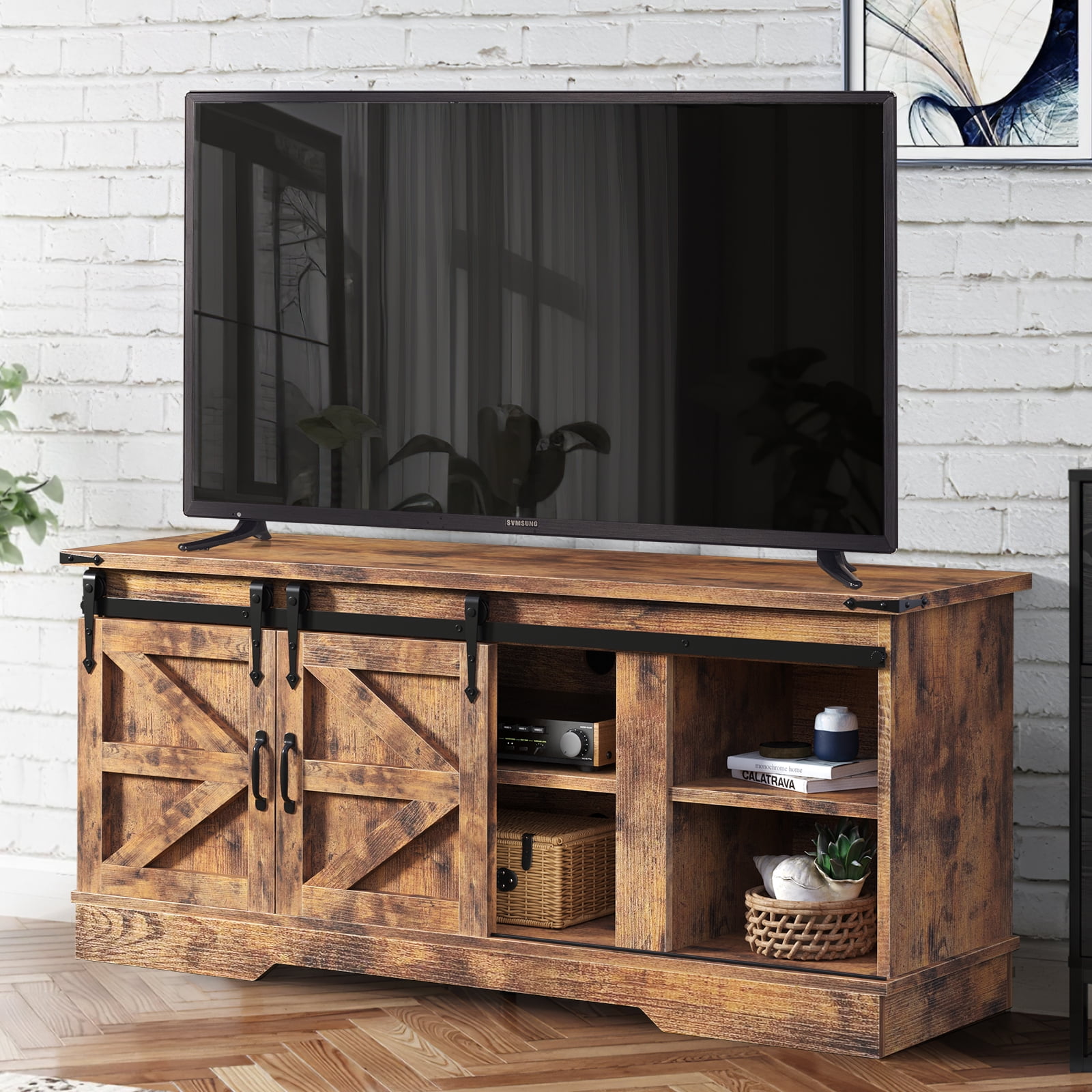 "Oneinmil Rustic Wood Farmhouse TV Stand for TVs up to 65"", Brown ...