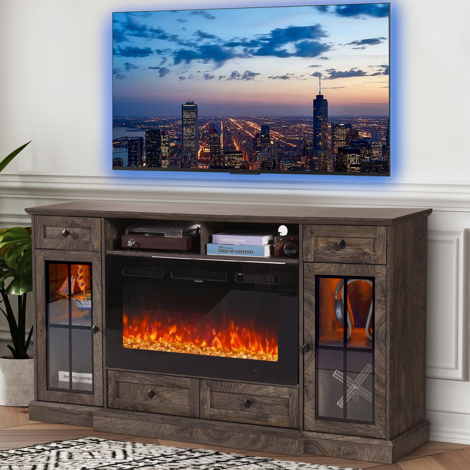 Oneinmil Fireplace TV Stand for 80 Inch TV, 68'' Farmhouse ...