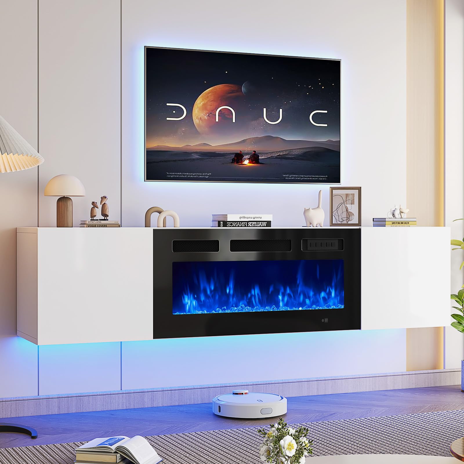 Oneinmil Floating TV Stand with 36" Electric Fireplace, Wall Mounted ...