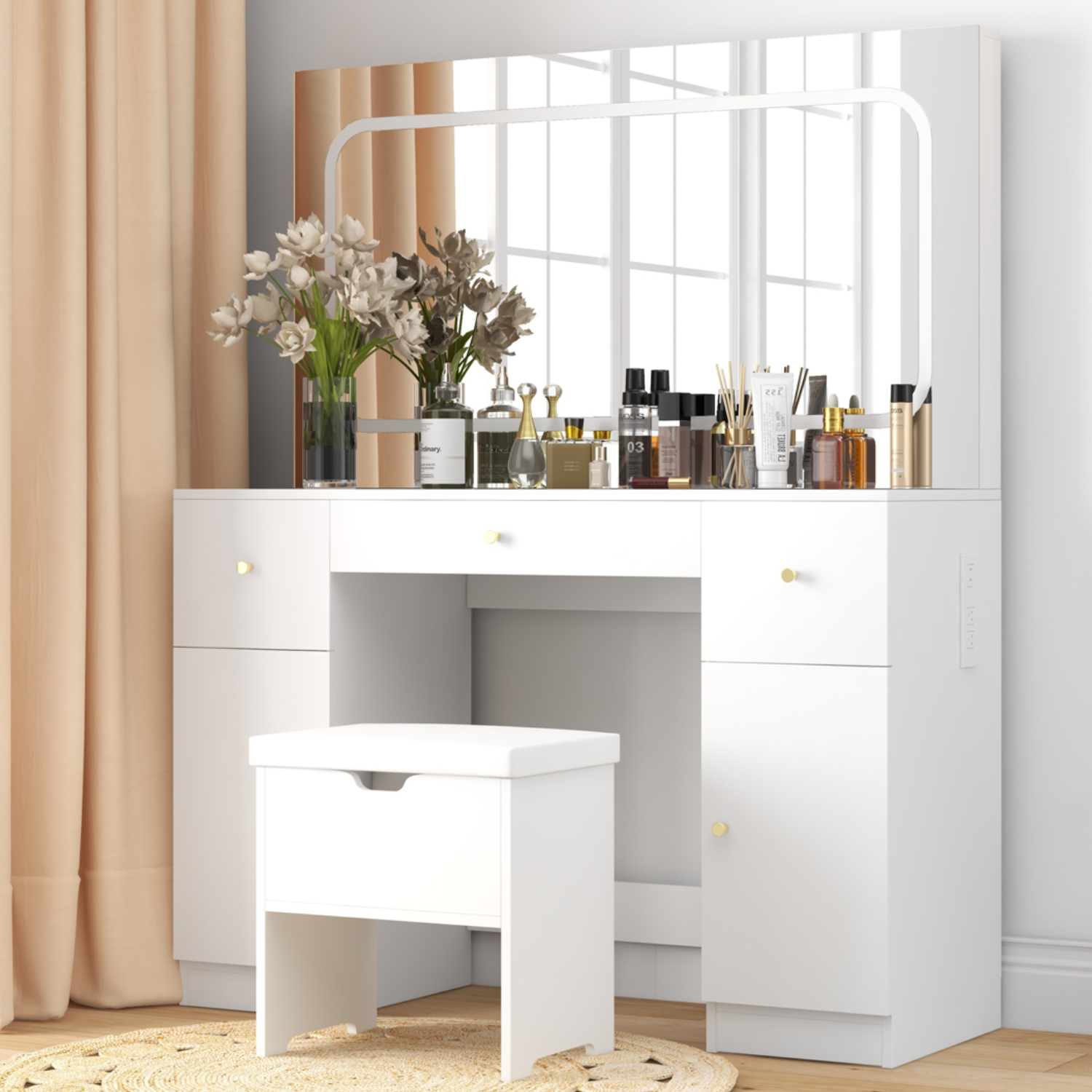 Zimtown Vanity Table Set with Concise 4-Drawer 360-Degree Rotation ...