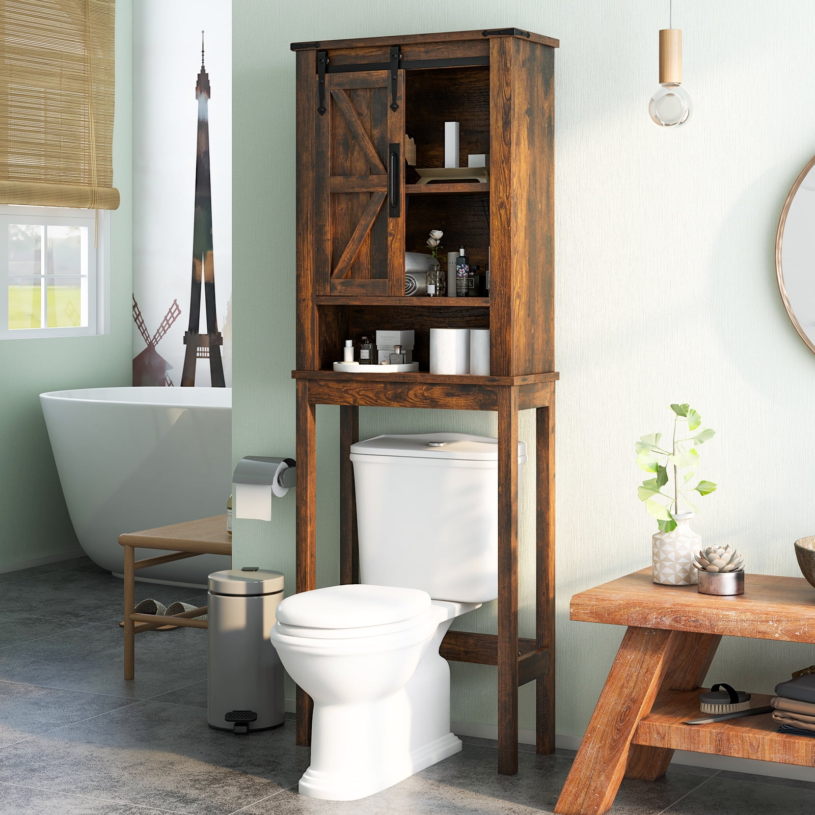 Oneinmil Farm Wood Over Toilet Shelf, Adjustable Storage Cabinet with ...