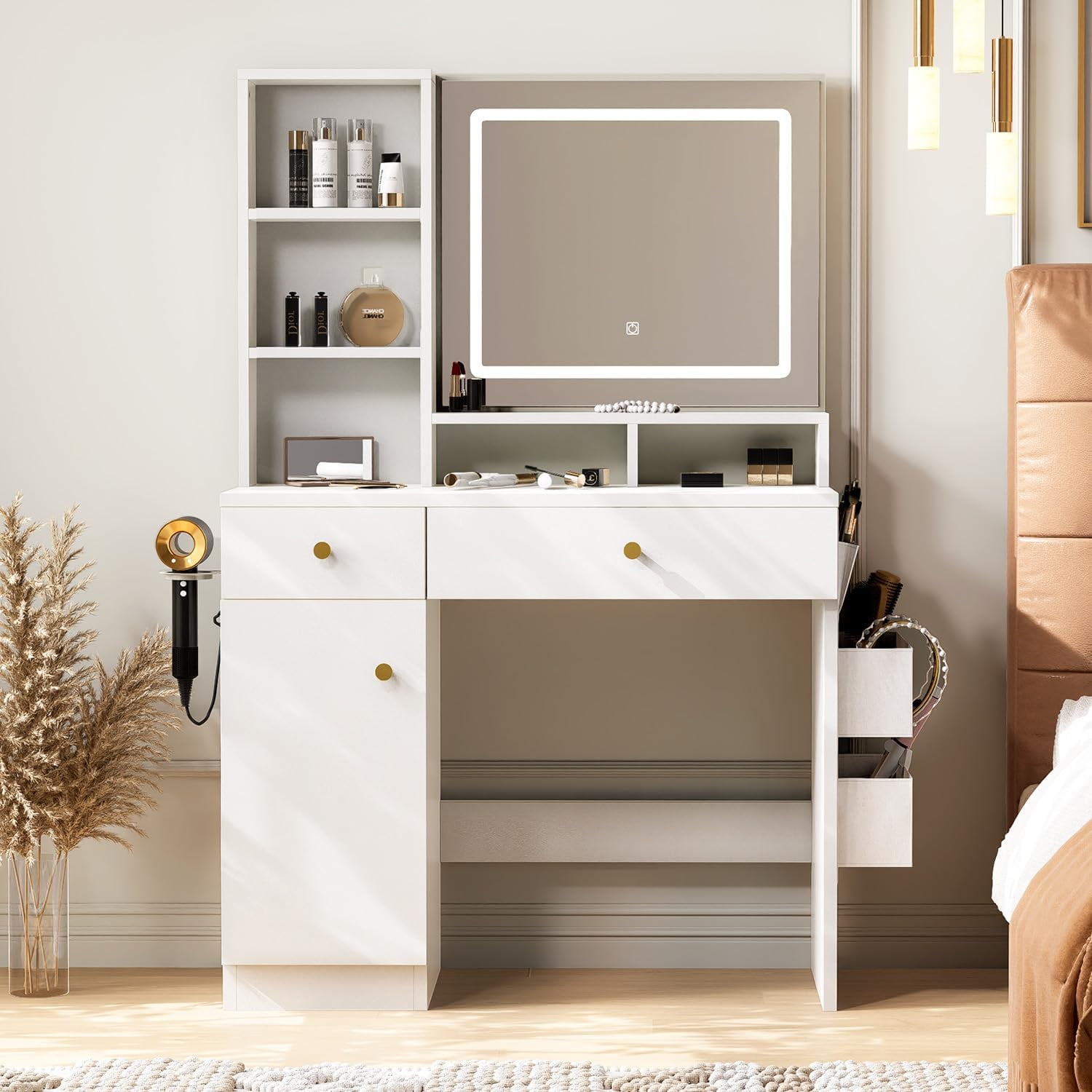 Oneinmil White Vanity Desk with Mirror and Lights, 3 Lighting Modes ...