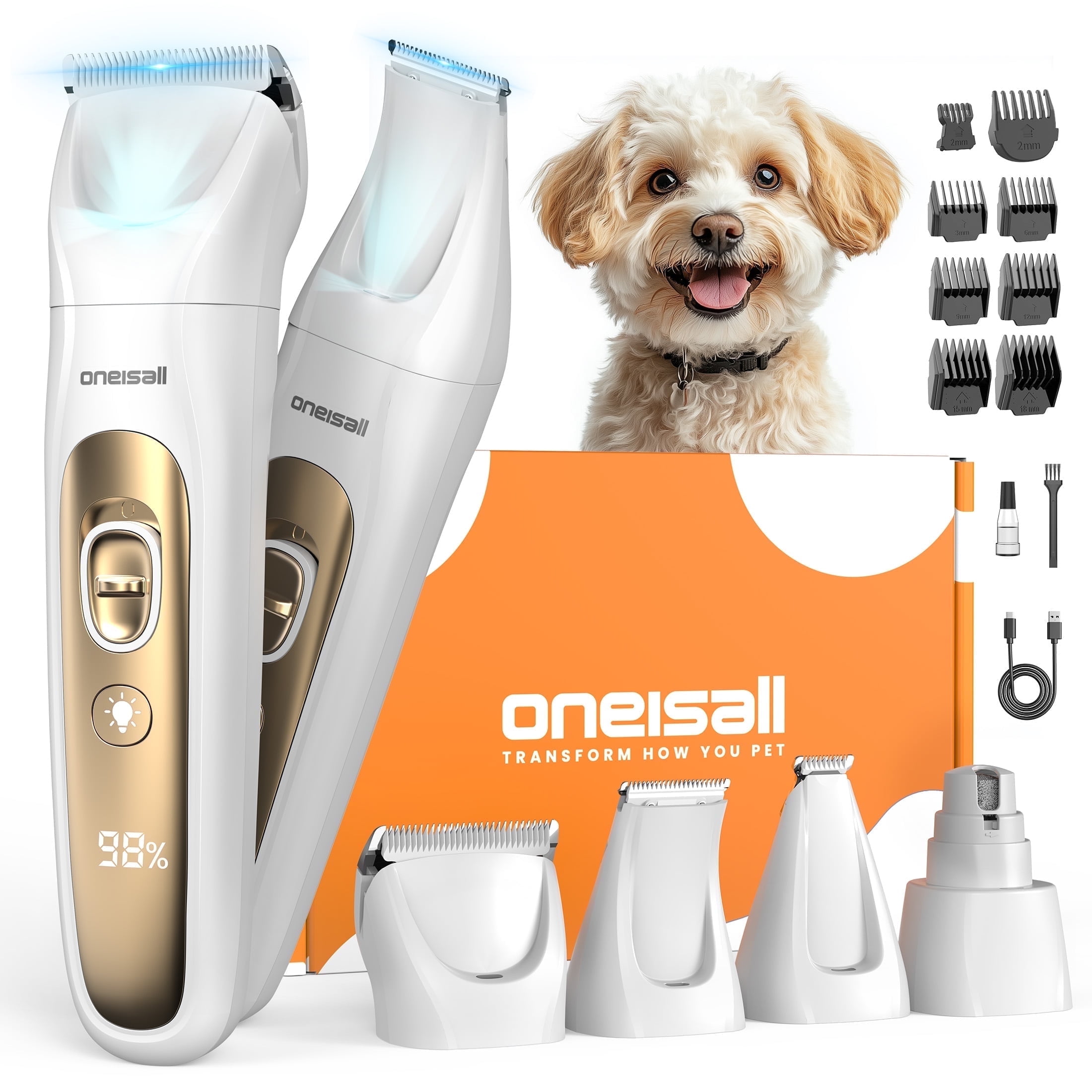 Oneisall 4-in-1 Dog Grooming Kit, Cordless Clippers, LED Paw Trimmer ...