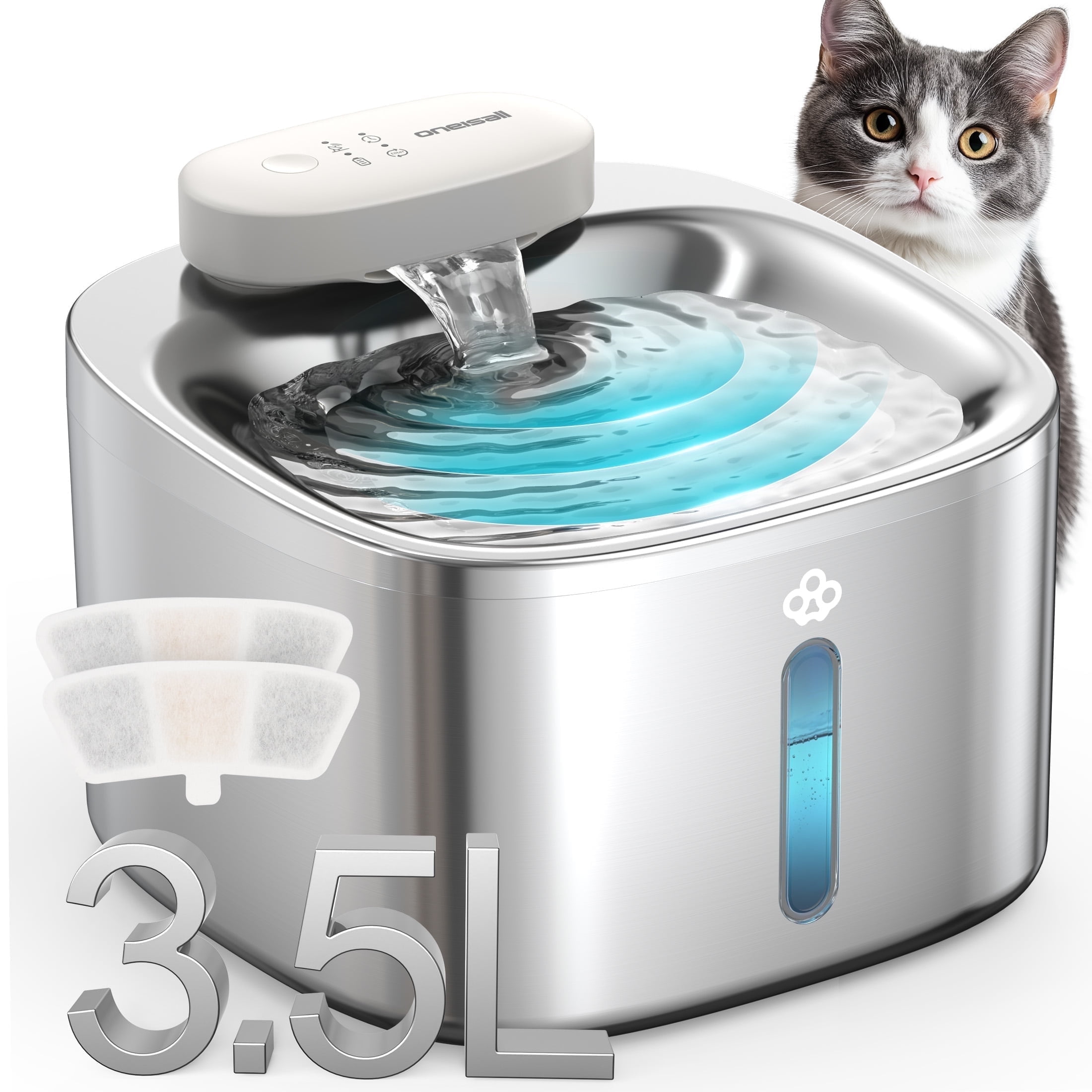 Oneisall CW01 Wireless Cat Water Fountain 304 Stainless Steel, 3.5L ...