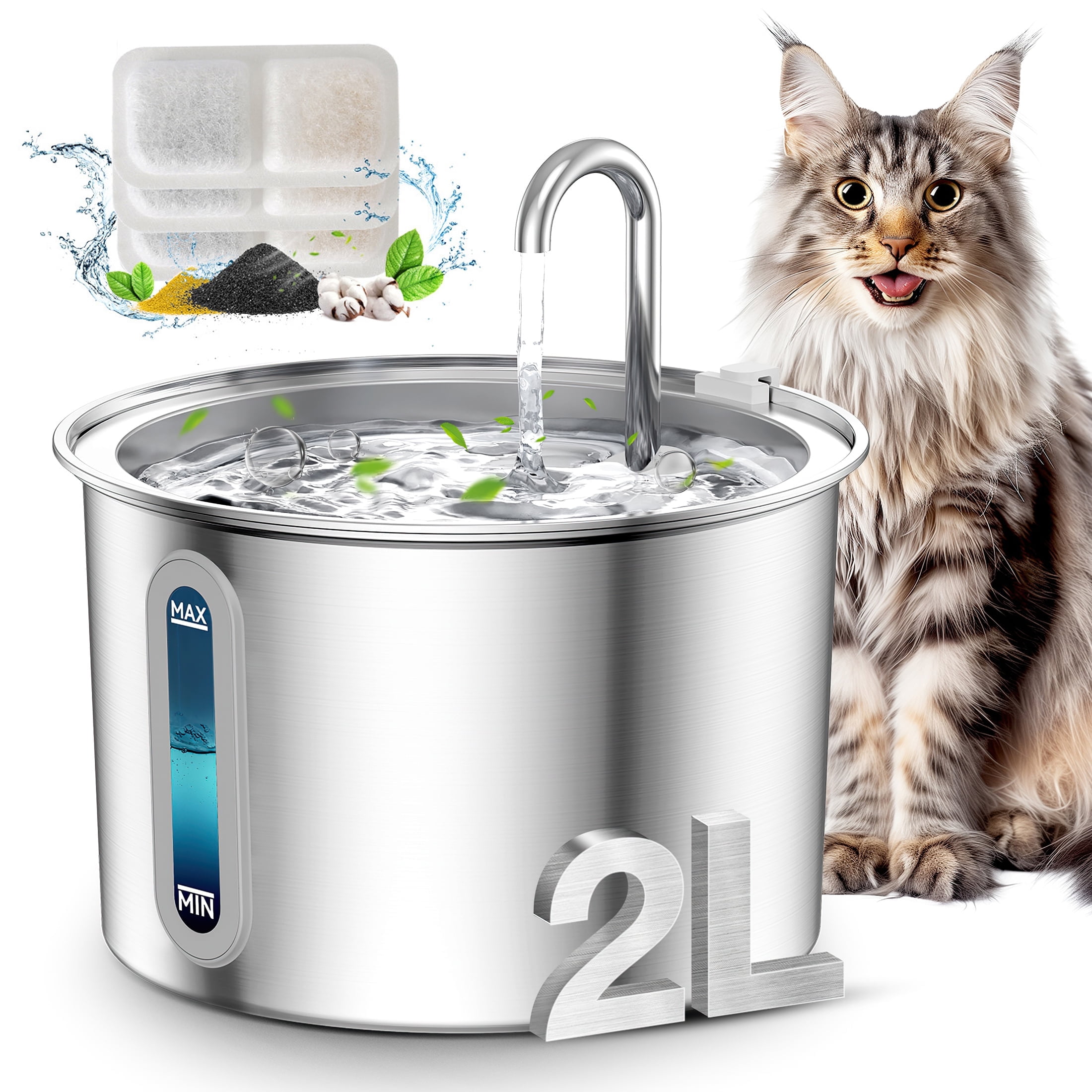 Oneisall PWF-001 304 Stainless Steel Cat Water Fountain, 2L Water ...