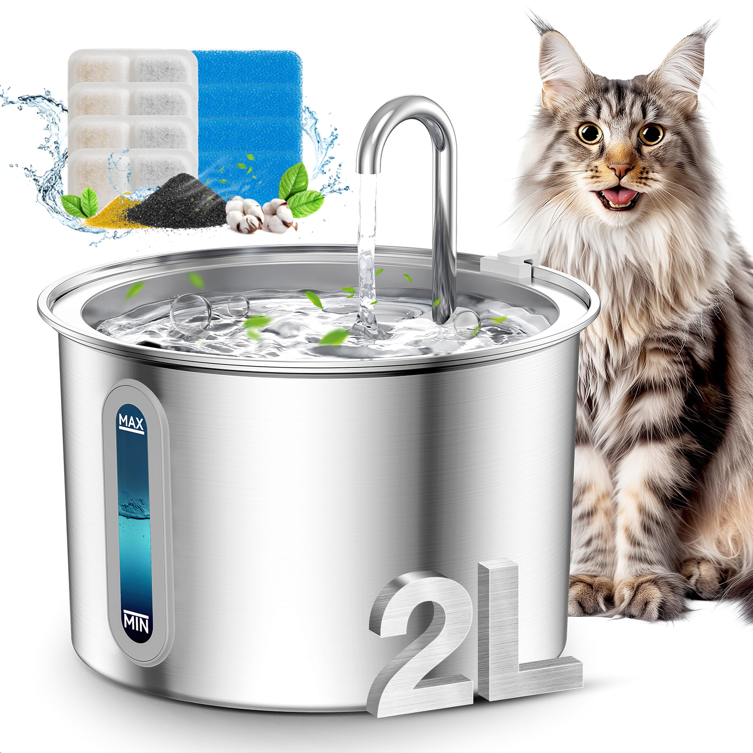 Oneisall PWF-001 304 Stainless Steel Cat Water Fountain, 2L Water ...