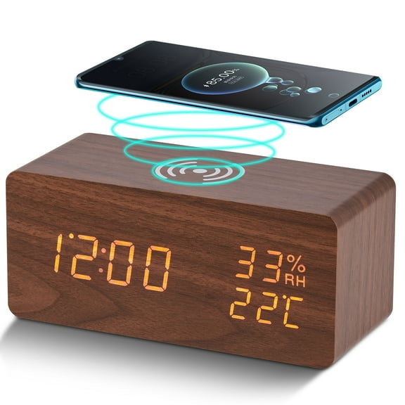 QenASHaing Wooden Digital Alarm Clock with Wireless Charging, LED ...