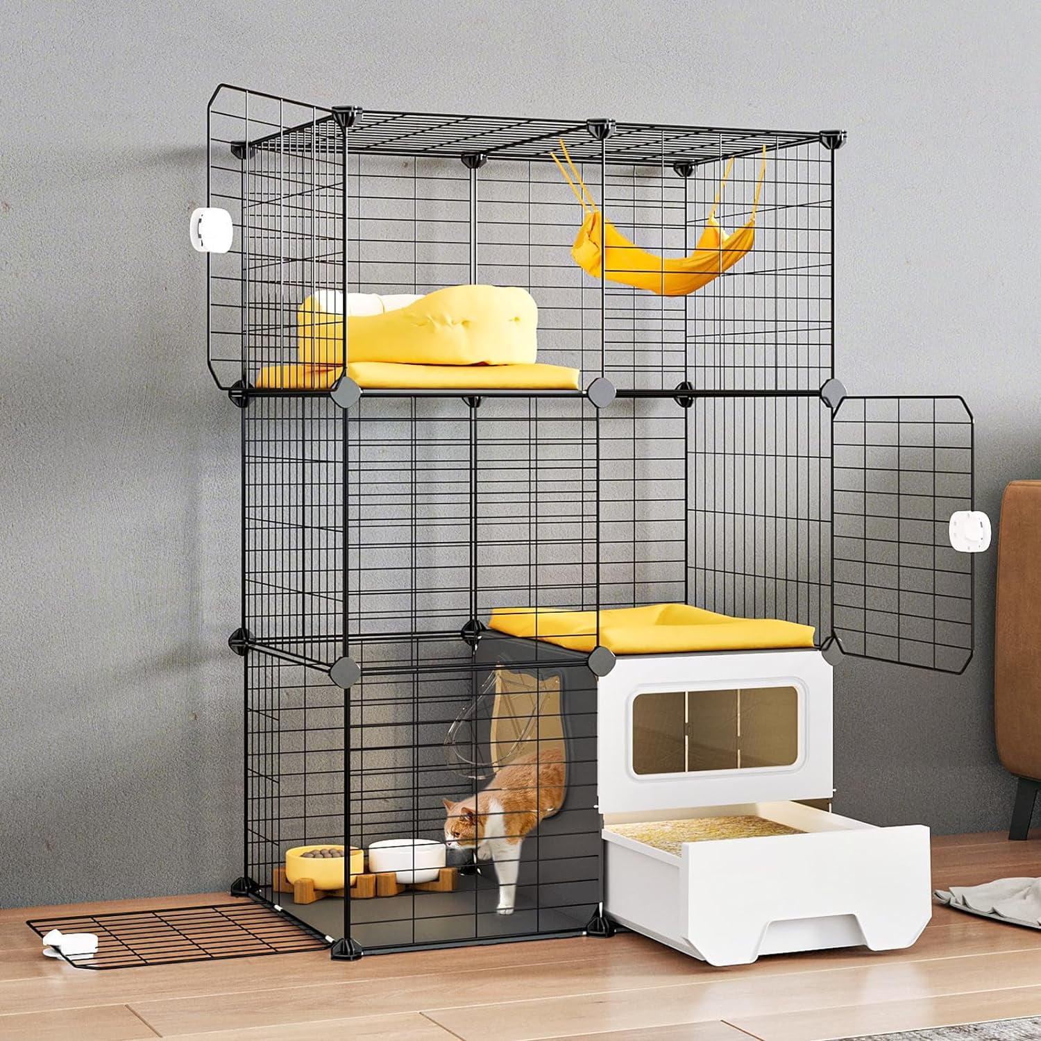 Cat Cage Indoor with Litter Box 3-Tier DIY Cat Detachable Metal Wire ...