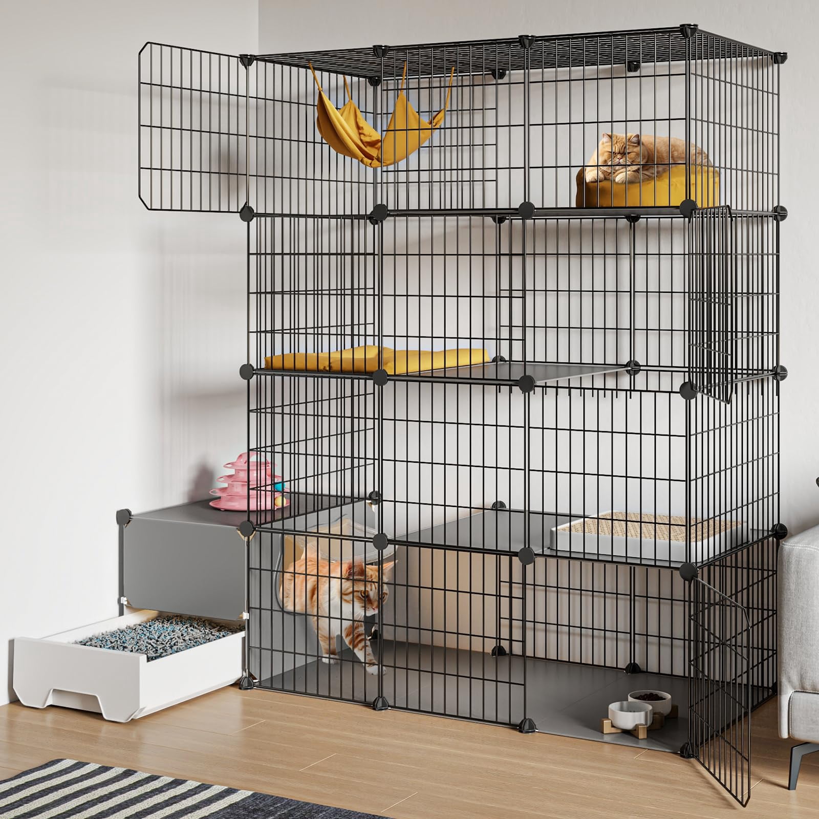 Oneluck Cat Cage with Litter Box,4-Tier DIY Enclosures Large Playpen ...