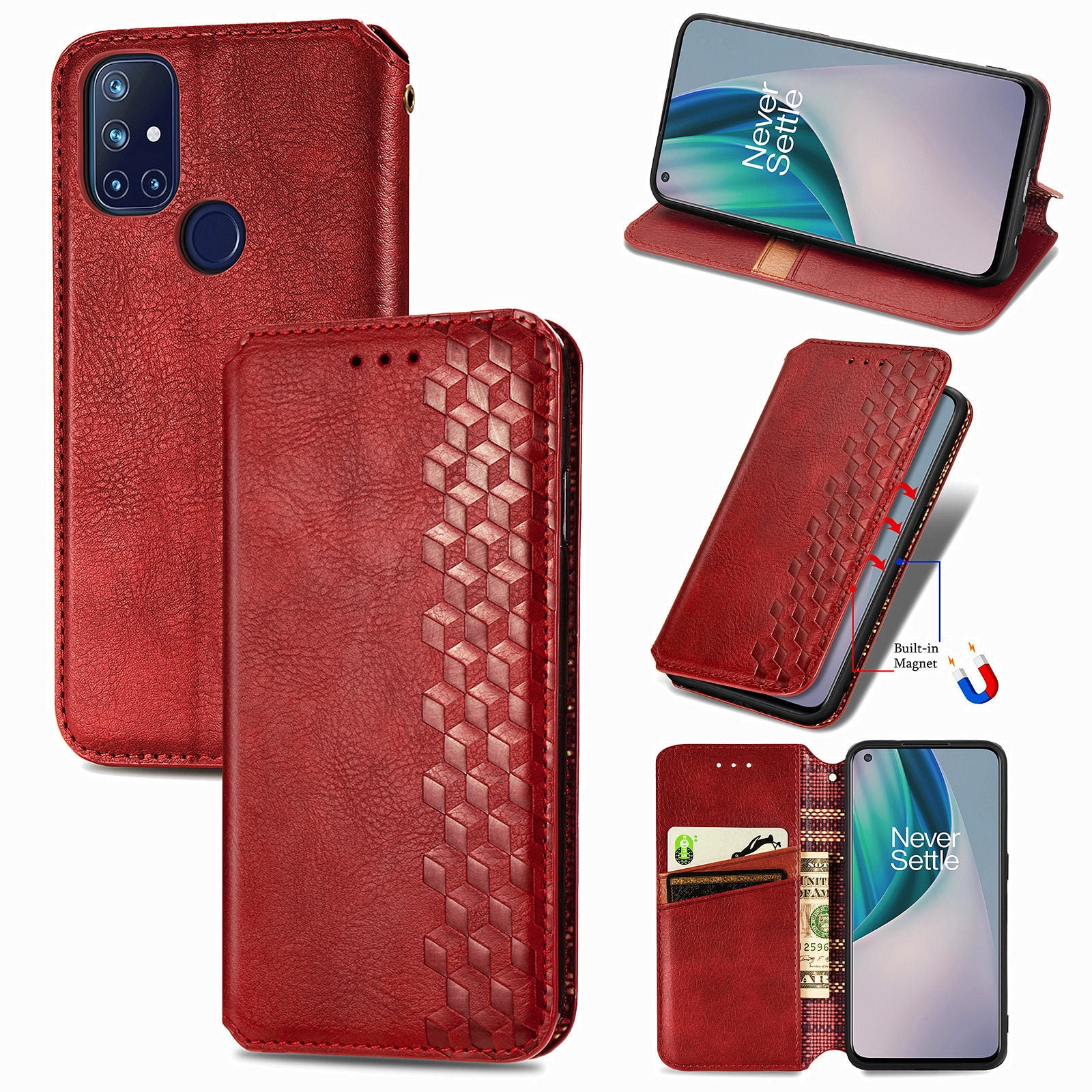 Oneplus Nord N10 5G Case, PU Leather TPU Wallet Cover with Card Holder Kickstand Hidden Magnetic ...