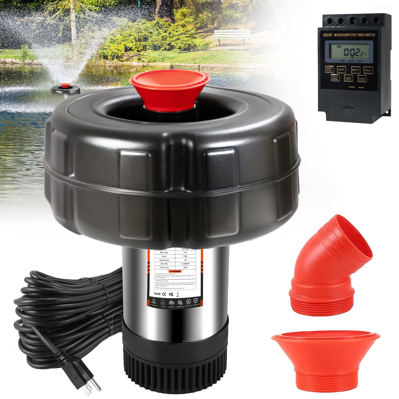 Burnvale Pond Fountain Aerator for Large Pond, 1HP 15000 GPH, 110V with ...
