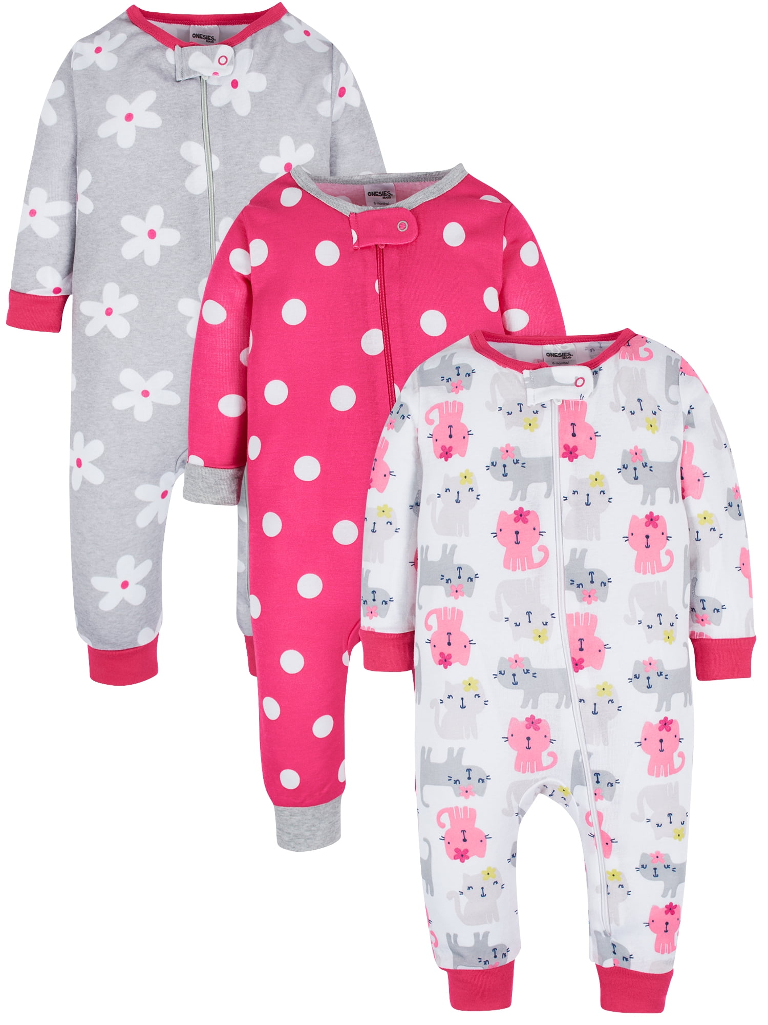 Onesies Brand Baby & Toddler Girl Snug Fit Cotton Sleepers, 3-Pack PJs ...