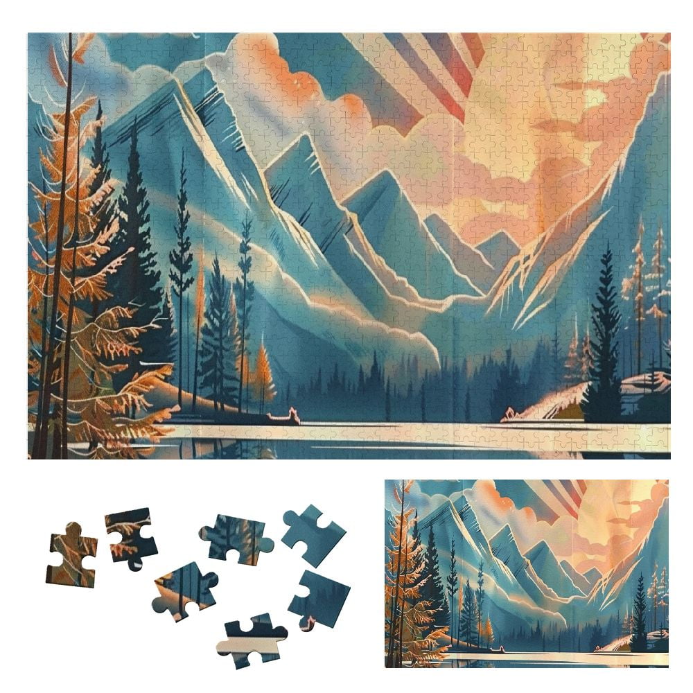 Onetech Mountain Mid Century Modern Boho Landscape Wooden Jigsaw Puzzle ...