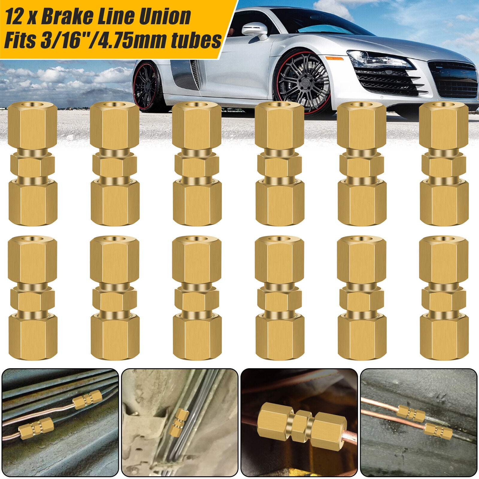 Pack of 12 Straight Brass Brake Line Compression Fitting Union For 3/16 ...