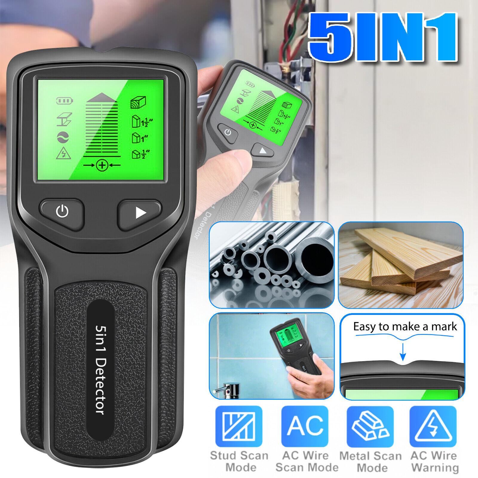 5 in 1 Digital Stud Finder Wood Metal Pipe Wire Wall Sensor Scanner LCD ...