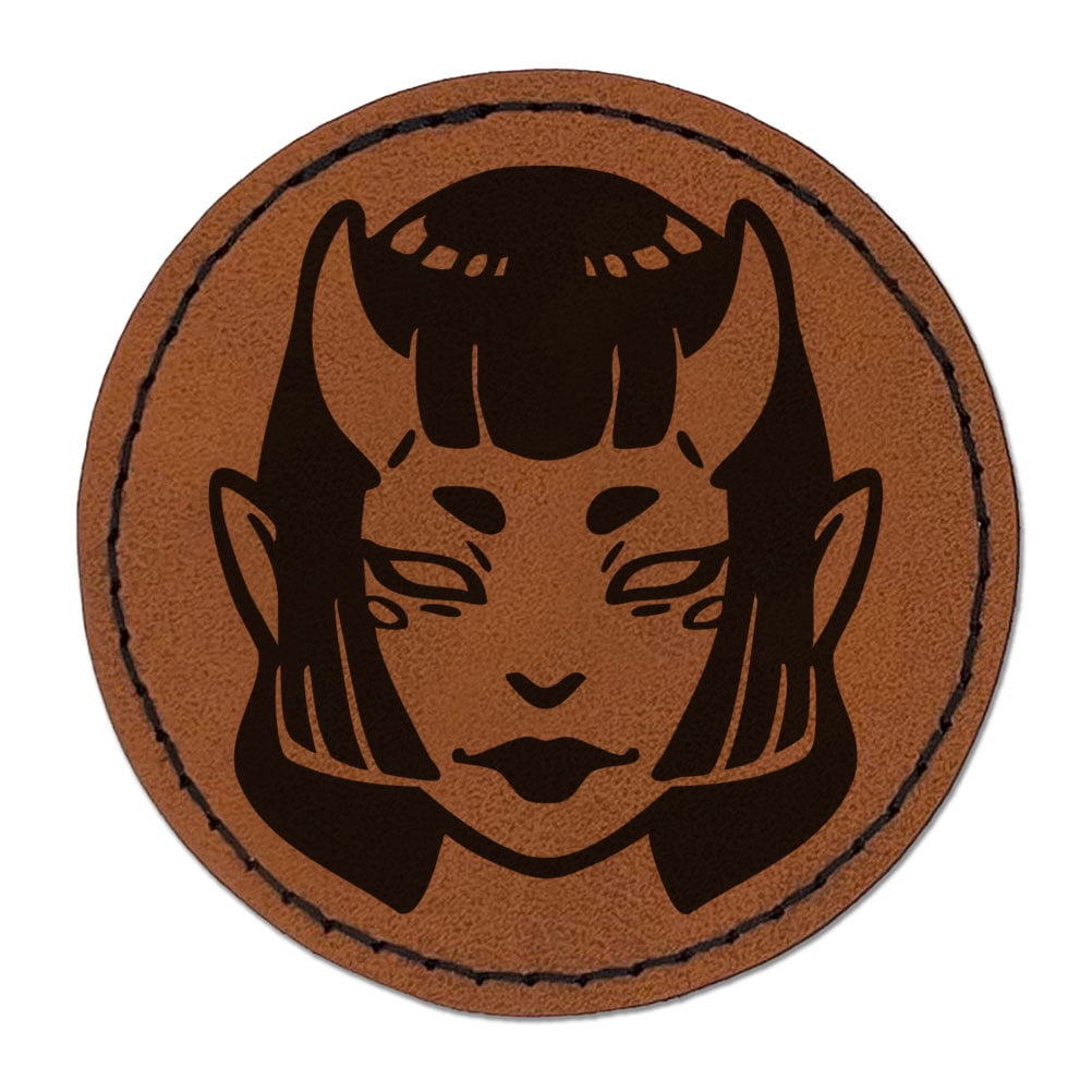 Oni Japanese Demon Girl Horns Round Iron-On Engraved Faux Leather Patch ...